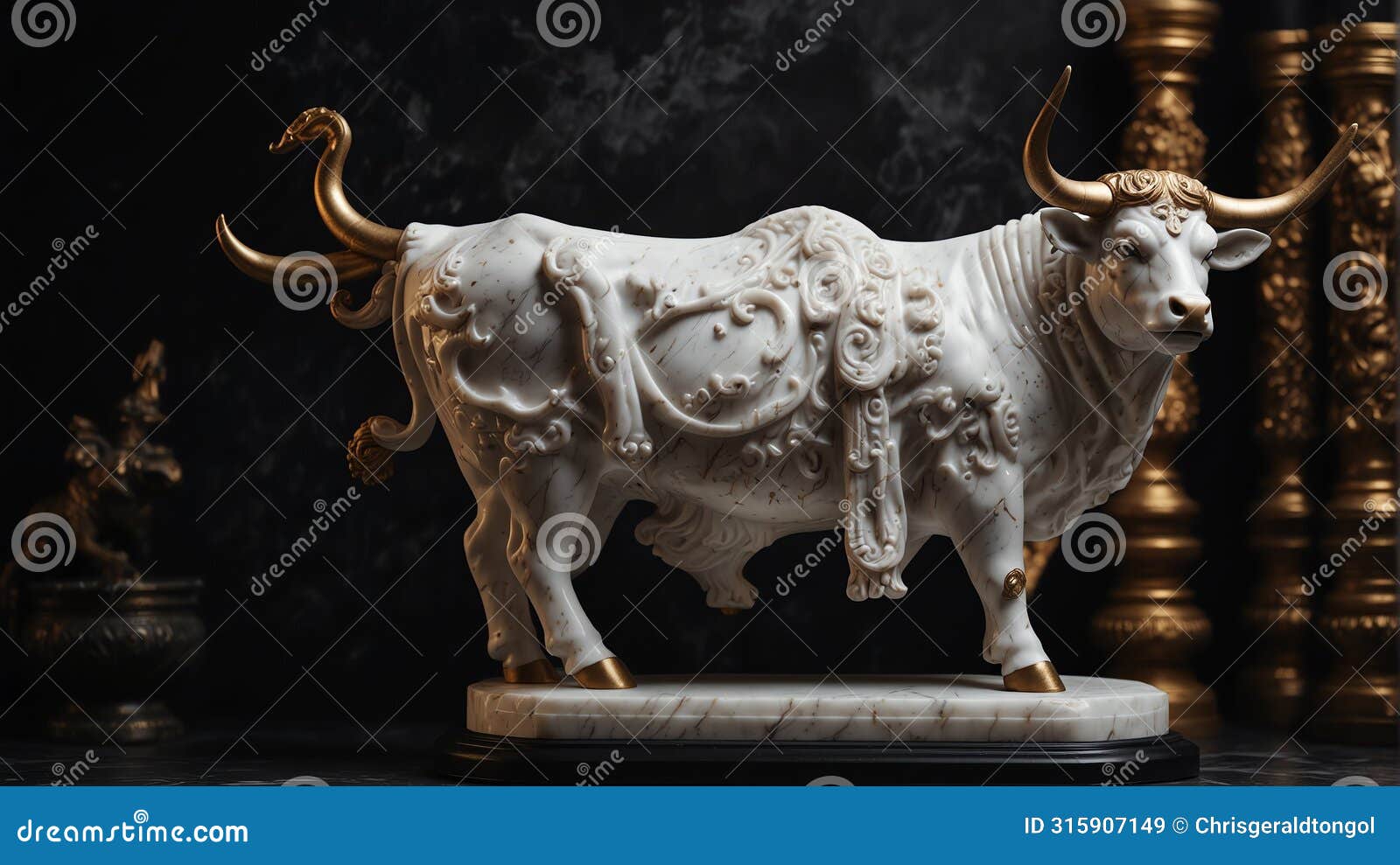 Realistic White Marble Ox Statue on Plain Black Ai Generated Stock ...