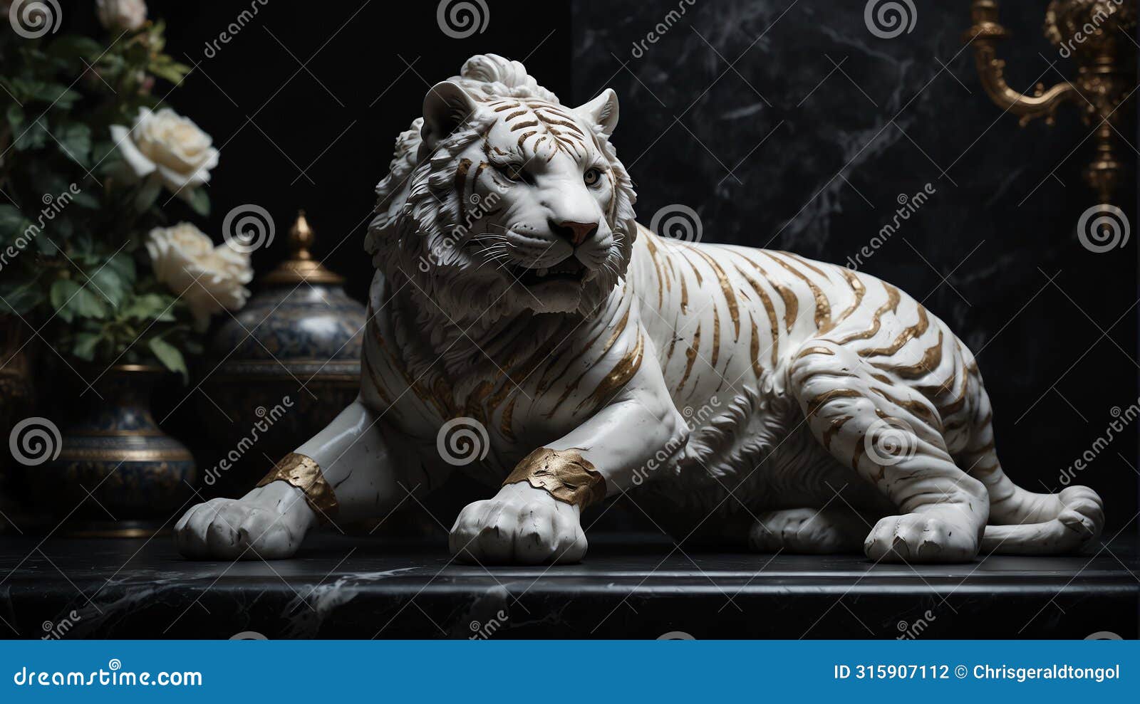 Realistic White Marble Tiger Statue on Plain Black Ai Generated Stock ...