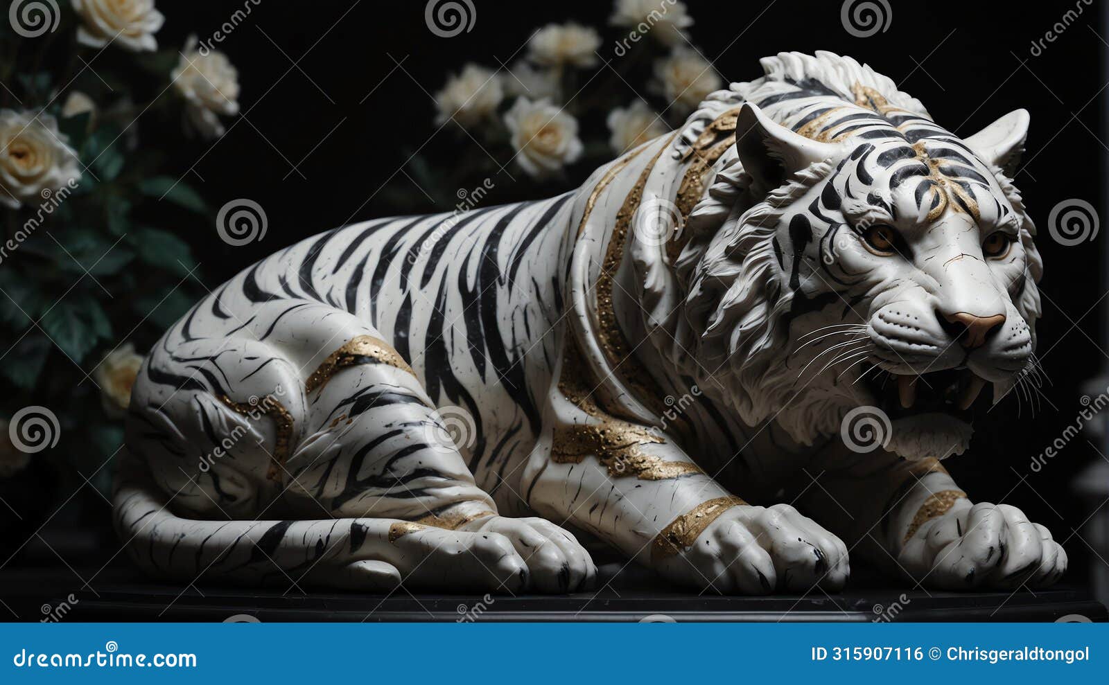 Realistic White Marble Tiger Statue on Plain Black Ai Generated Stock ...