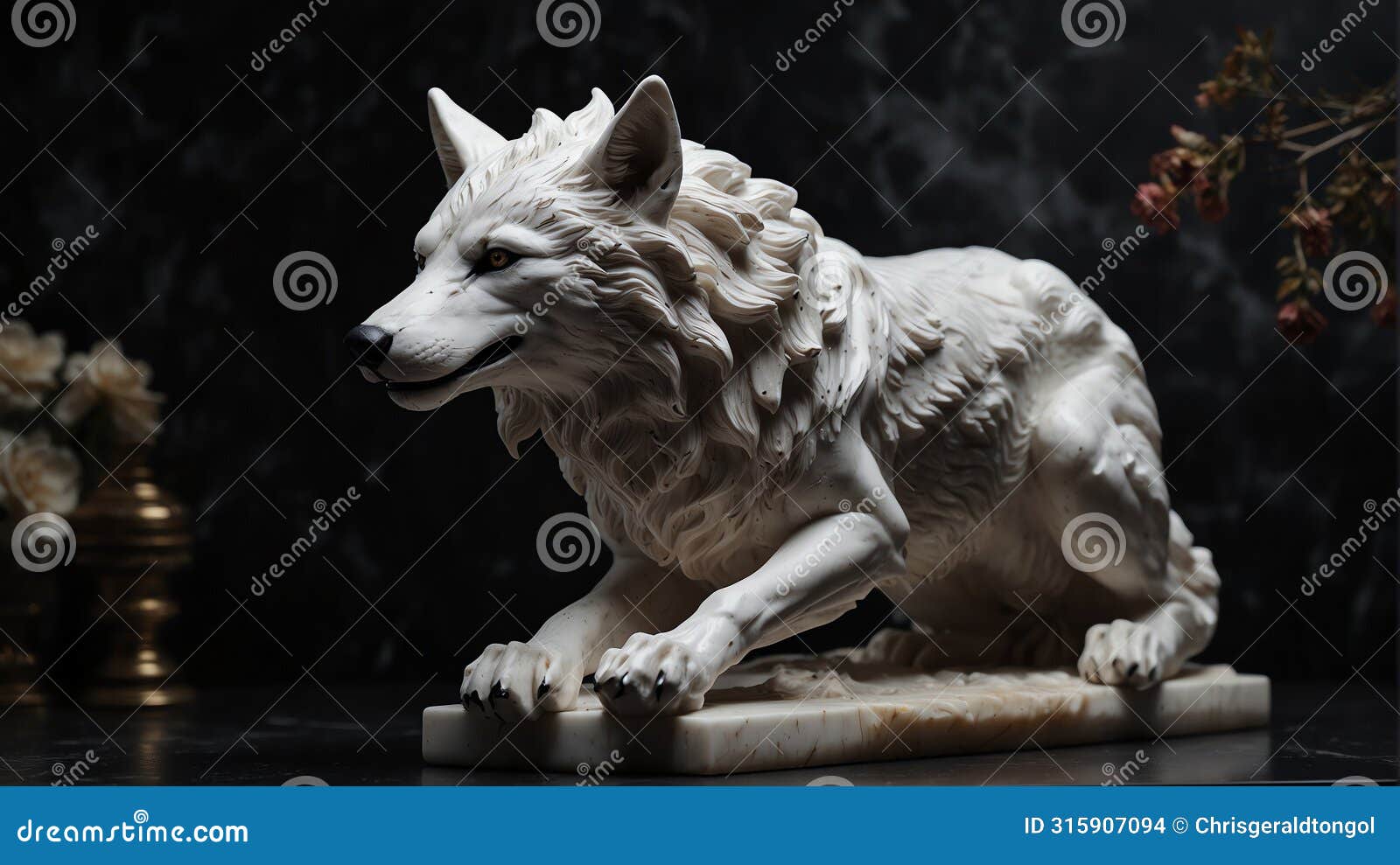 Realistic White Marble Wolf Statue on Plain Black Ai Generated Stock ...