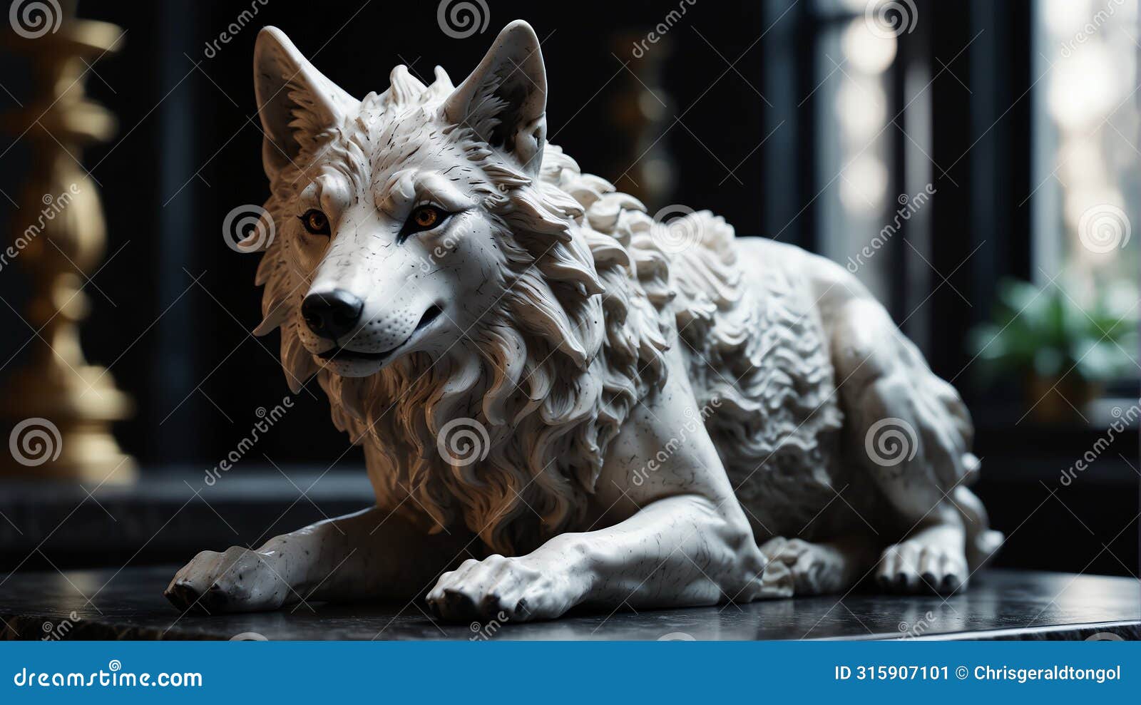 Realistic White Marble Wolf Statue on Plain Black Ai Generated Stock ...