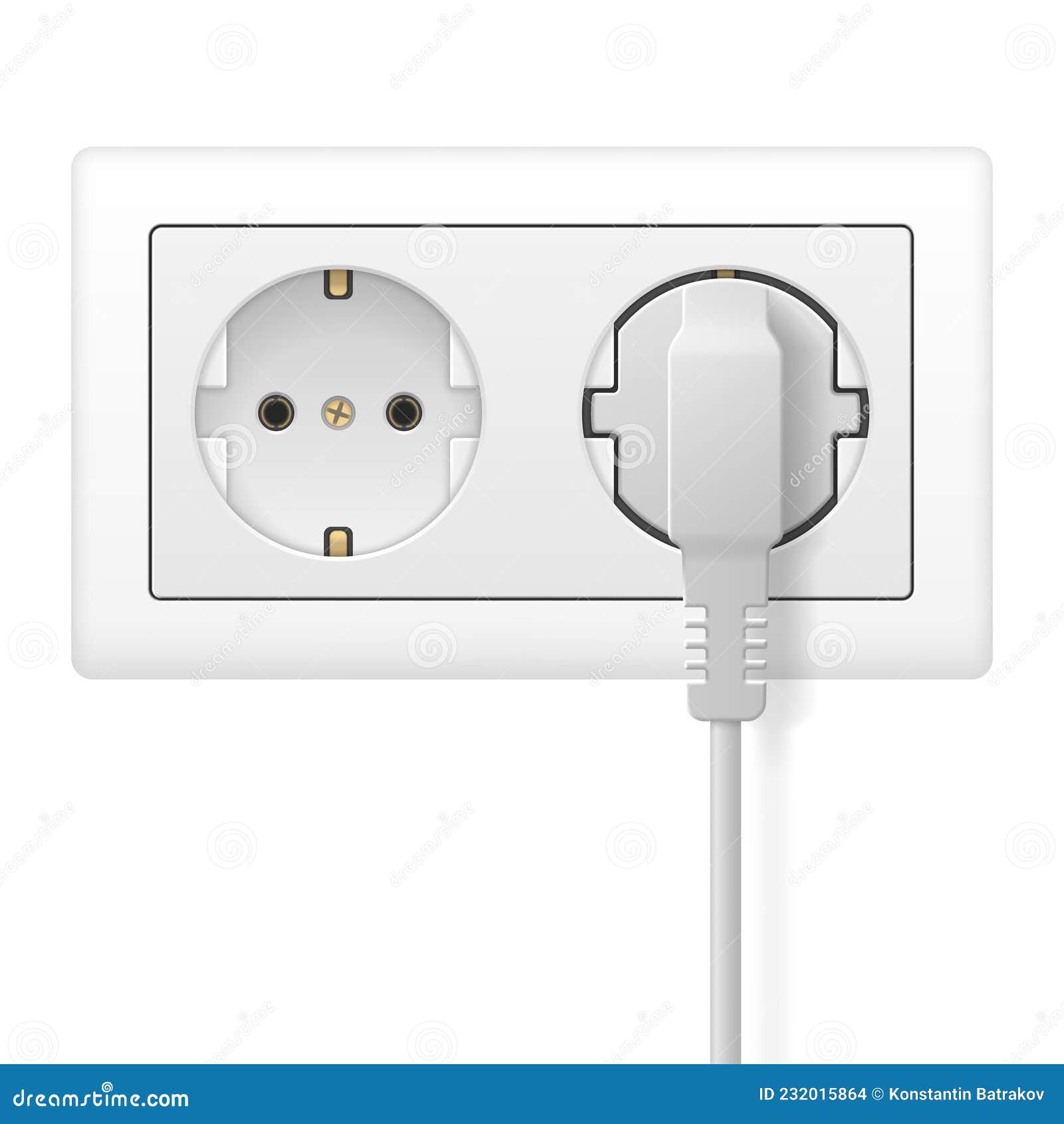 Realistic White Plug is Inserted into White Electrical Outlet. Double ...