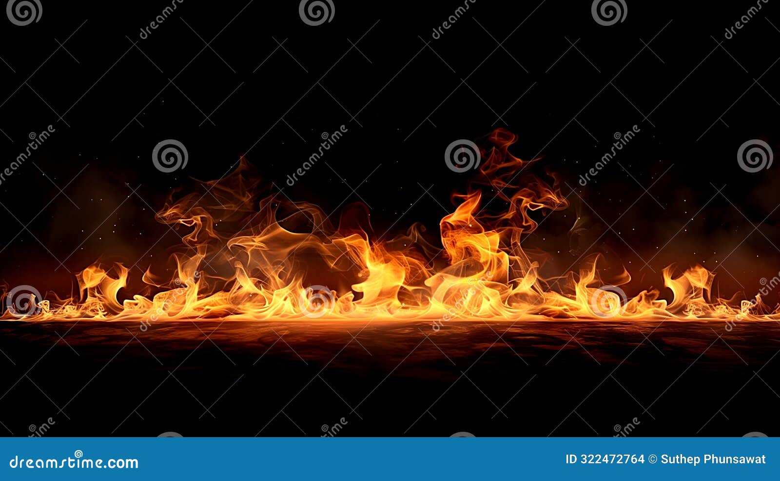Realistic Wide Fire Flames with Smoke on the Black Background.Ge Stock ...