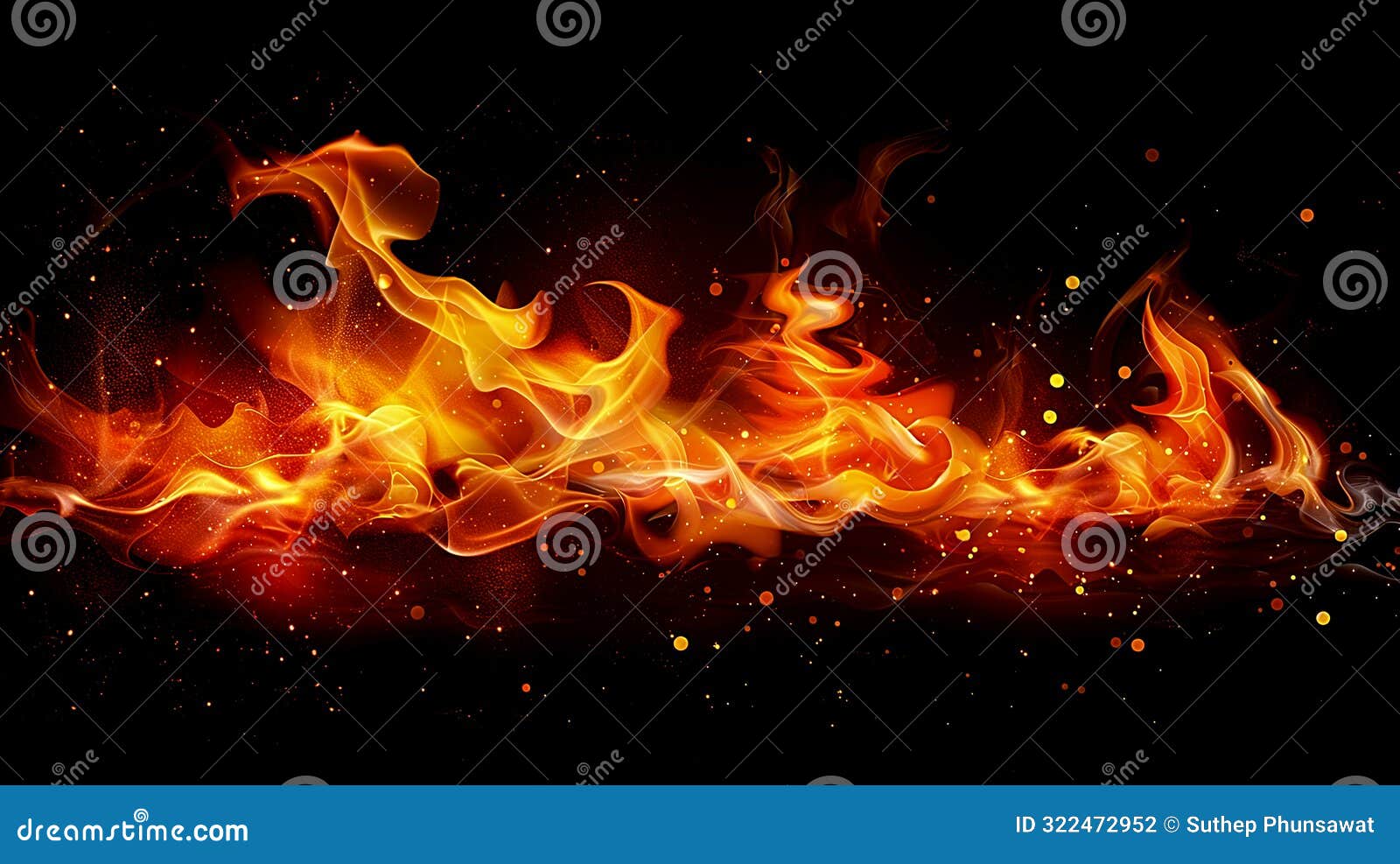 Realistic Wide Fire Flames with Smoke on the Black Background.Ge Stock ...