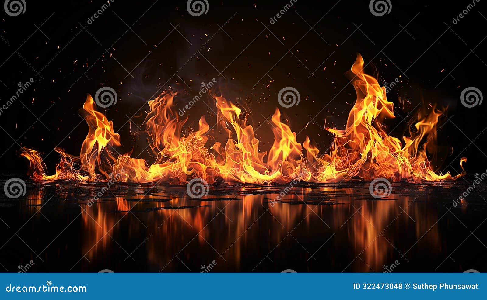 Realistic Wide Fire Flames with Smoke on the Black Background.Ge Stock ...