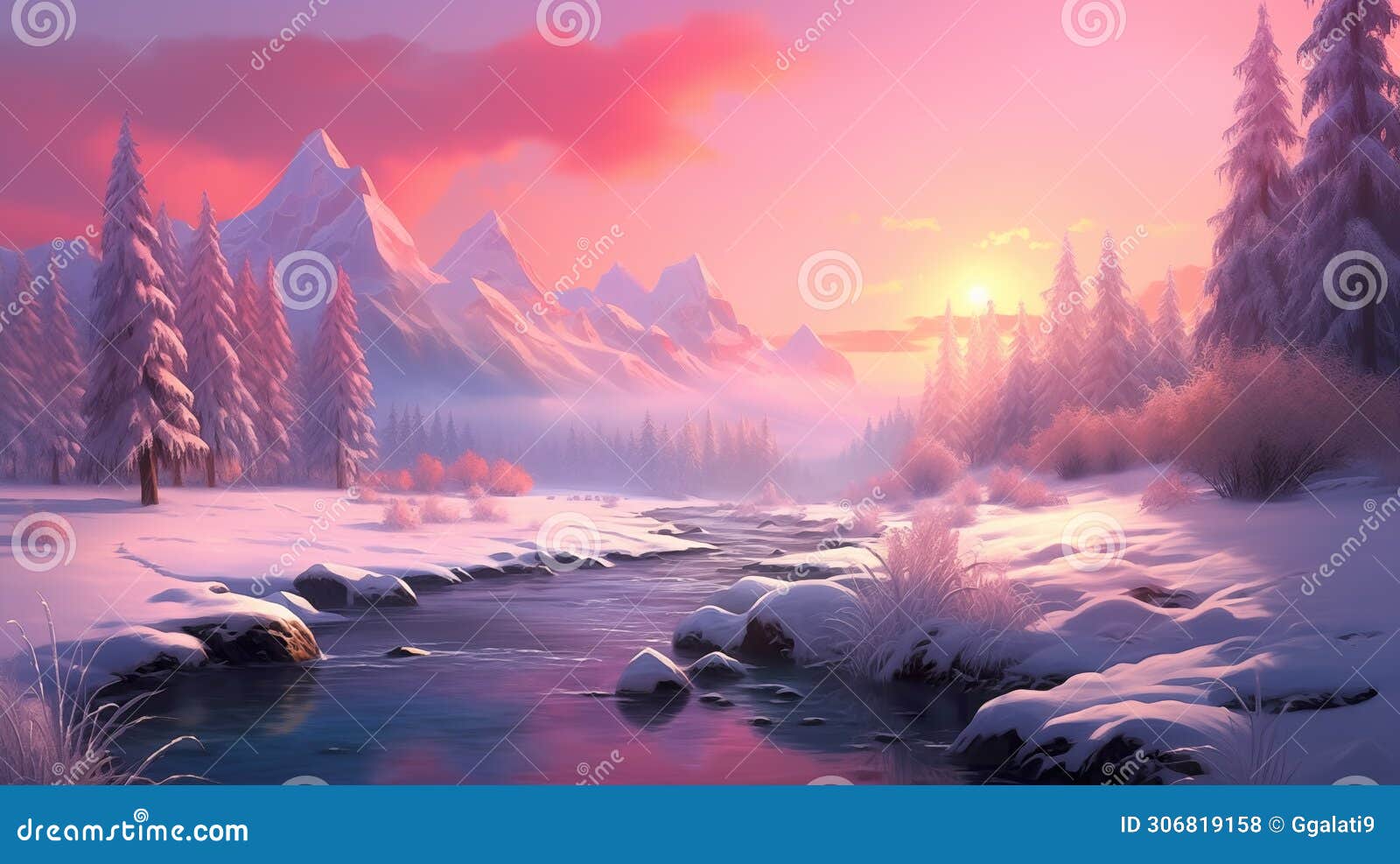 Realistic Winter Landscape Artwork with a Long Small River Stock Photo ...