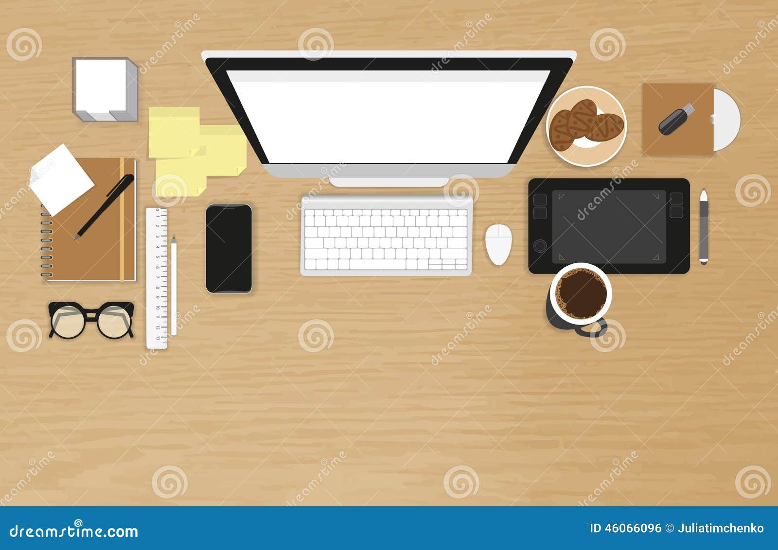 Realistic Workplace Desktop. Top View Desk Table, Personal Computer ...
