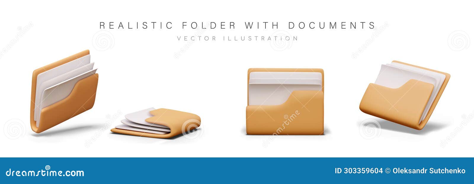 Realistic Yellow Folder with Documents in Different Positions Stock ...