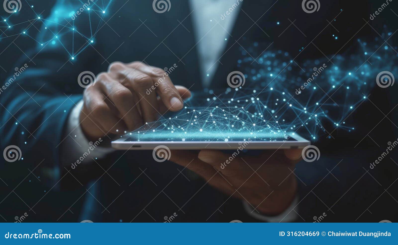 Realtor Holding a Tablet or Smartphone with AI Algorithms Flowing ...