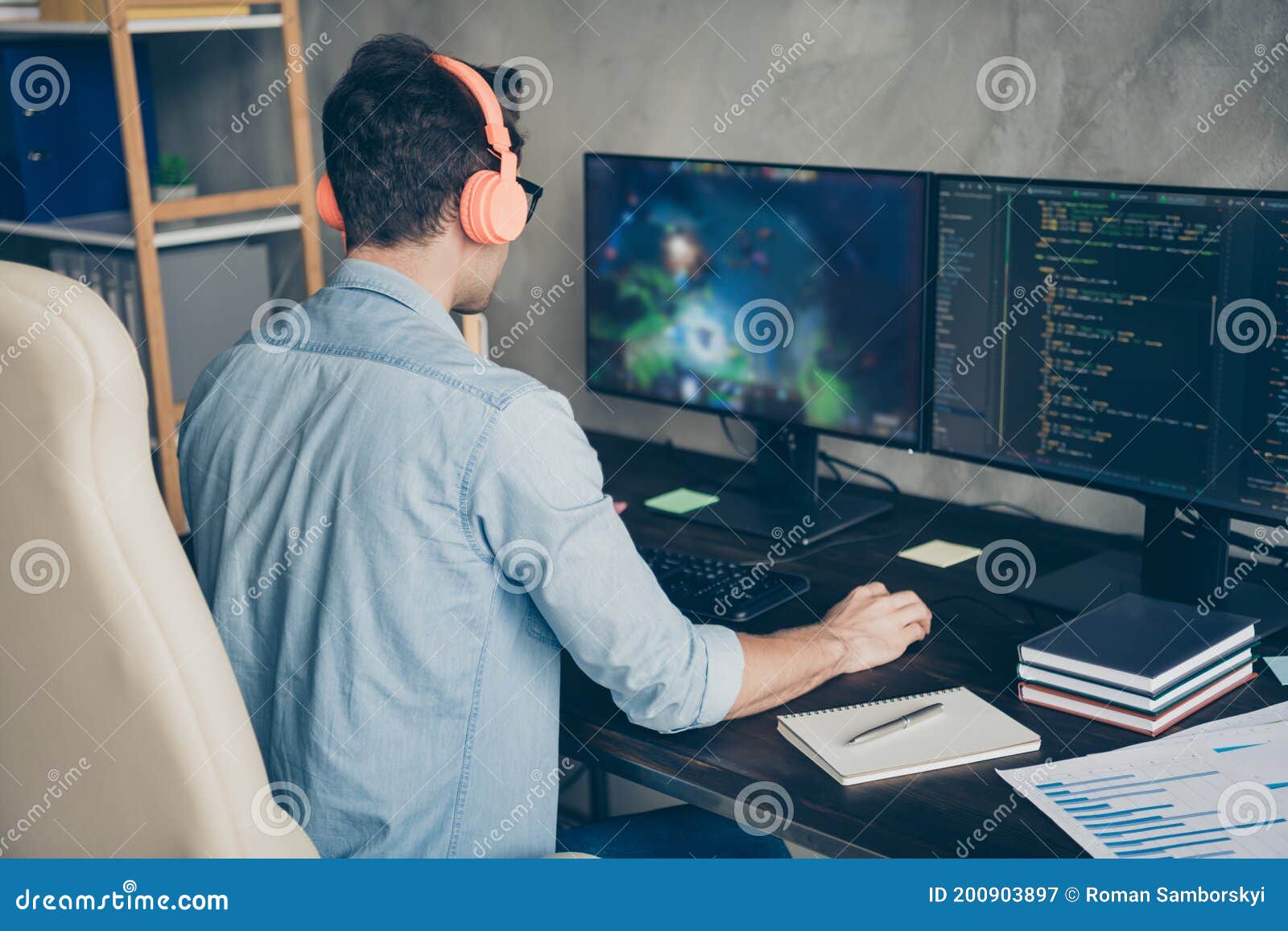 Rear Back Behind View of His he Nice Focused Skilled Experienced Guy ...