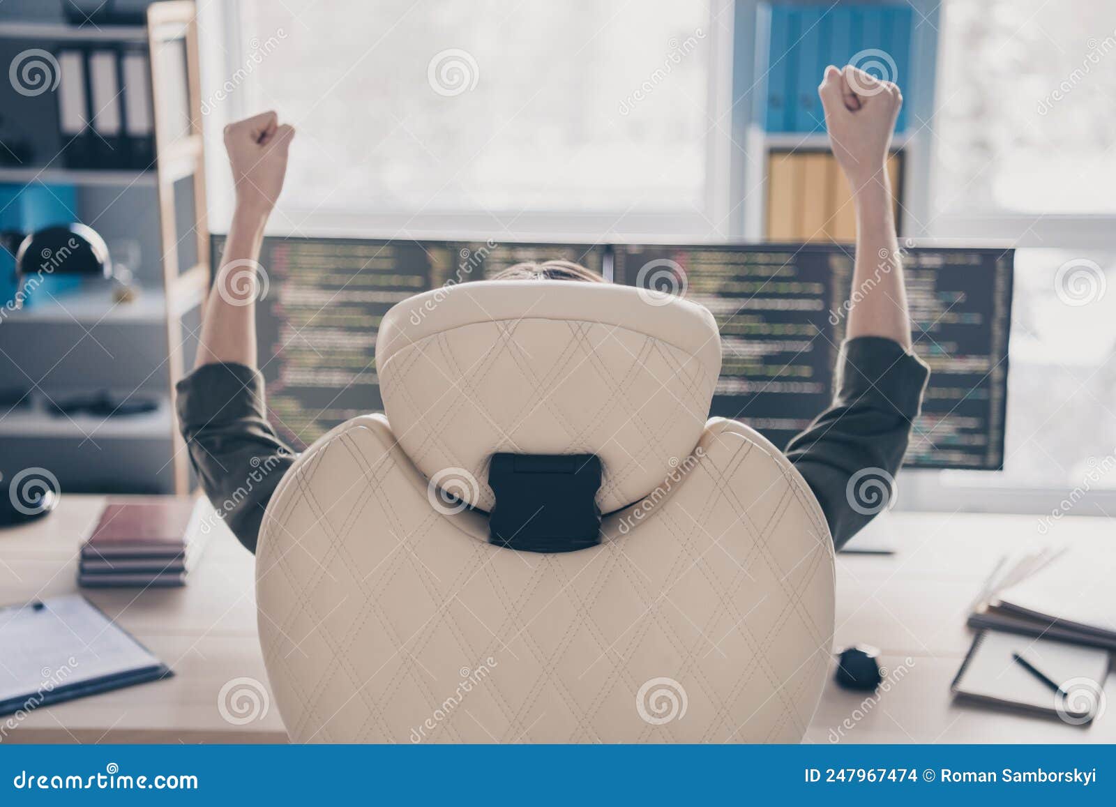 Rear Back Behind View Portrait of Qualified Girl Geek Improving ...