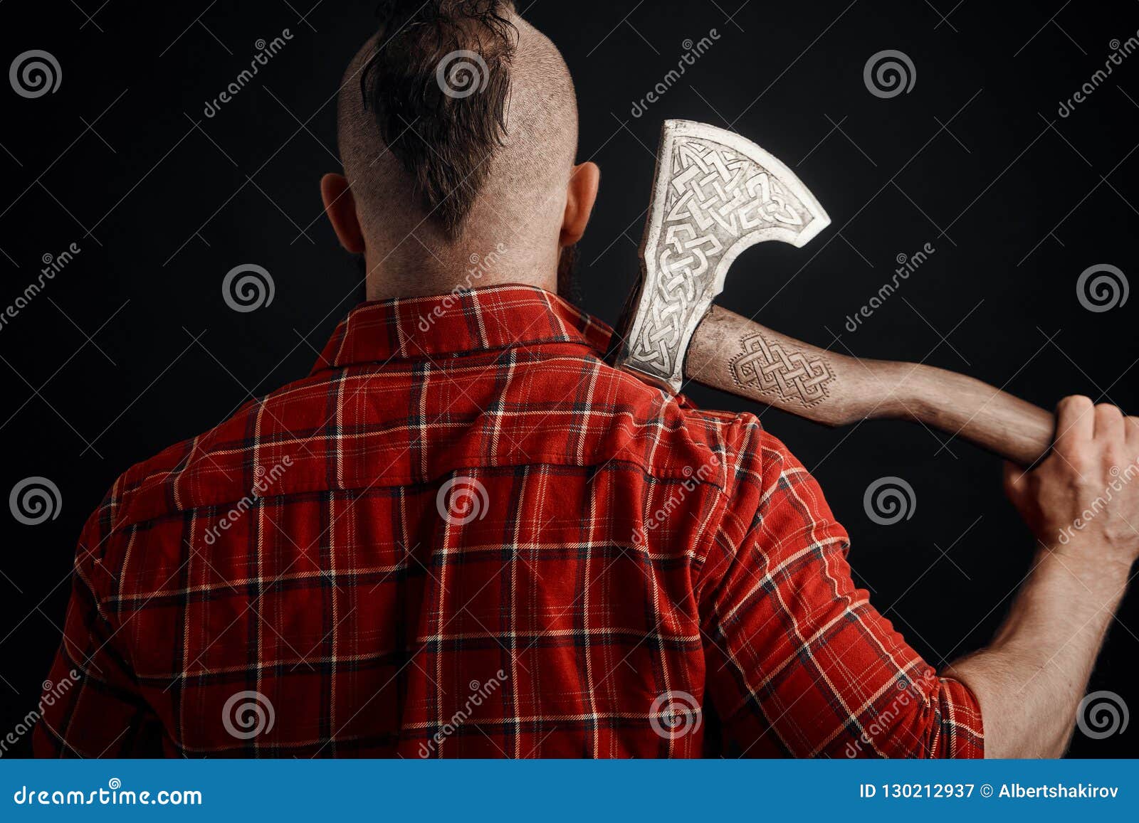 Rear View of Bearded Man with Axe on Shoulder in Studio Stock Image ...