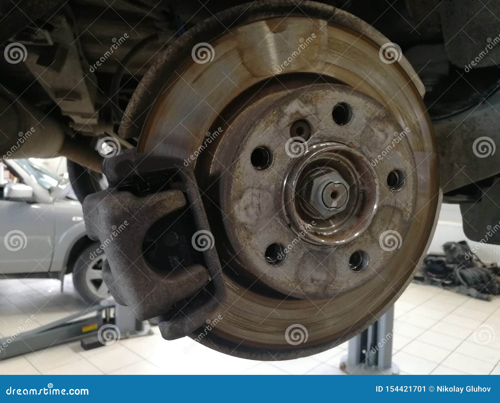 Rear Disc and Brake Pads. Replacement in Auto Repair Stock Image ...
