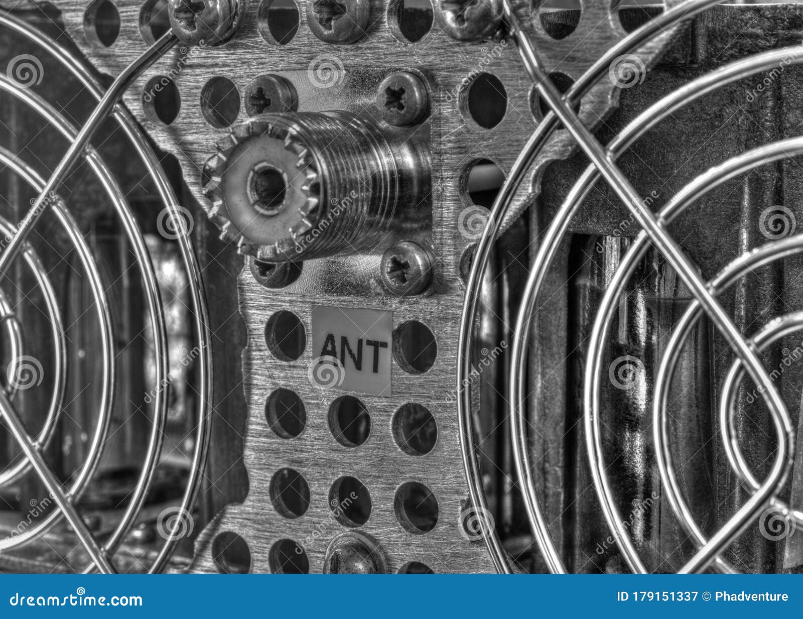 Rear Panel of a High Frequency Power Amplifier in Black and White Stock ...