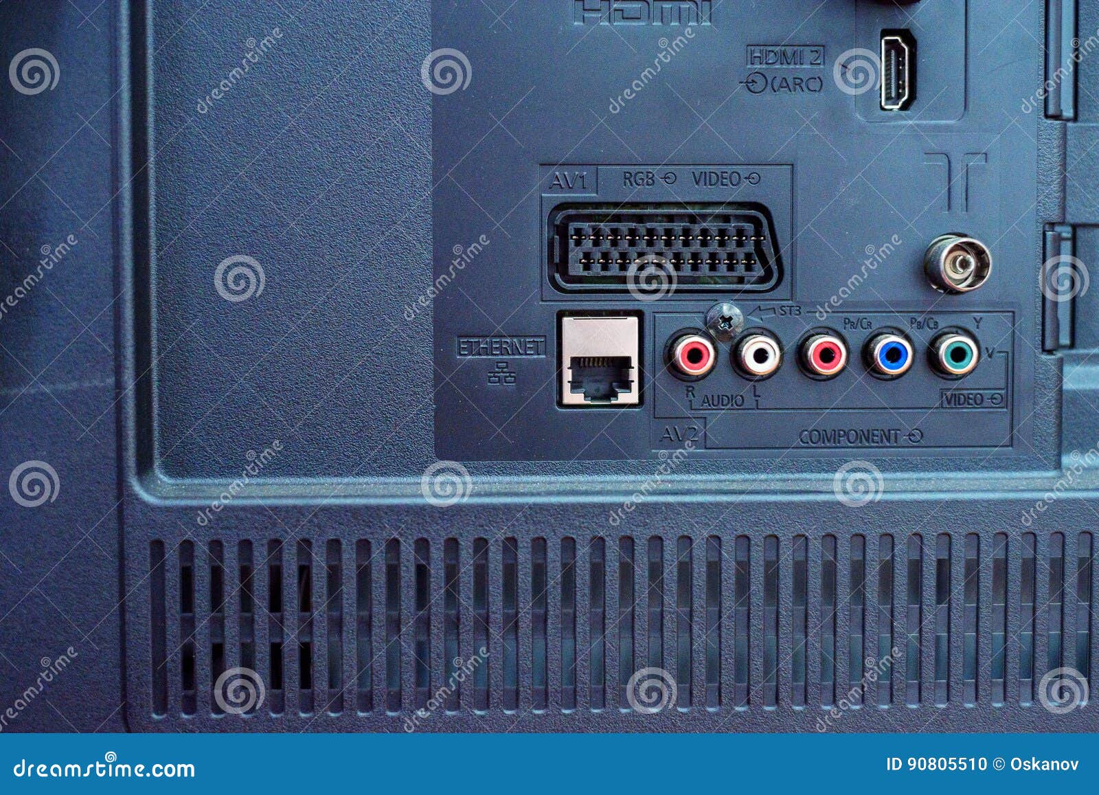 Rear panel of modern TV stock photo. Image of cable, bottle - 90805510