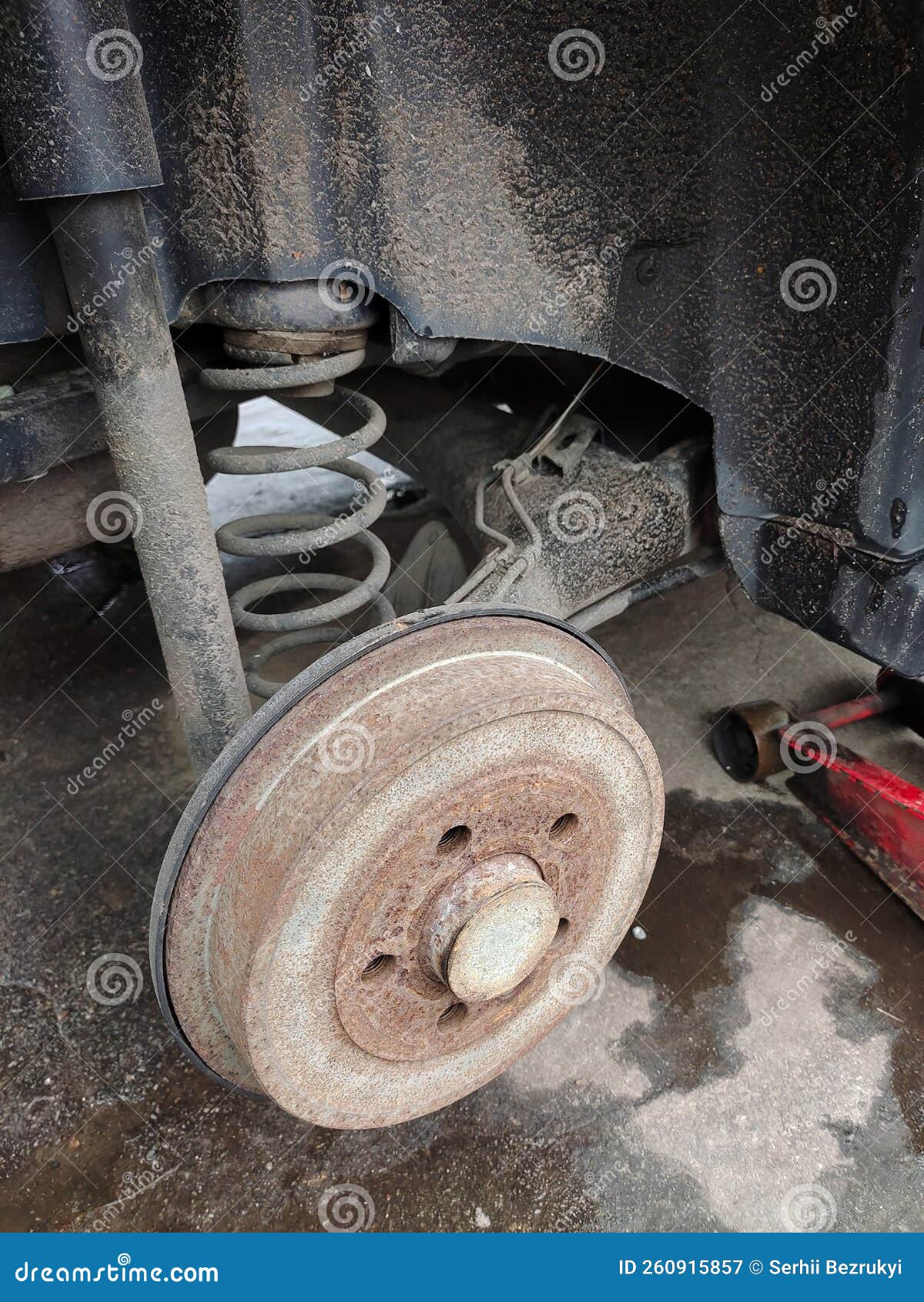 Rear Rusty Car Disc with Removed Wheel, Brake Pad and Spring Close-up ...