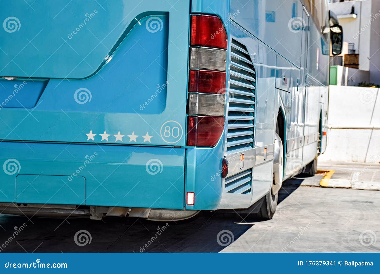 Rear Side of a Parked Light Blue Coach Stock Image - Image of ...