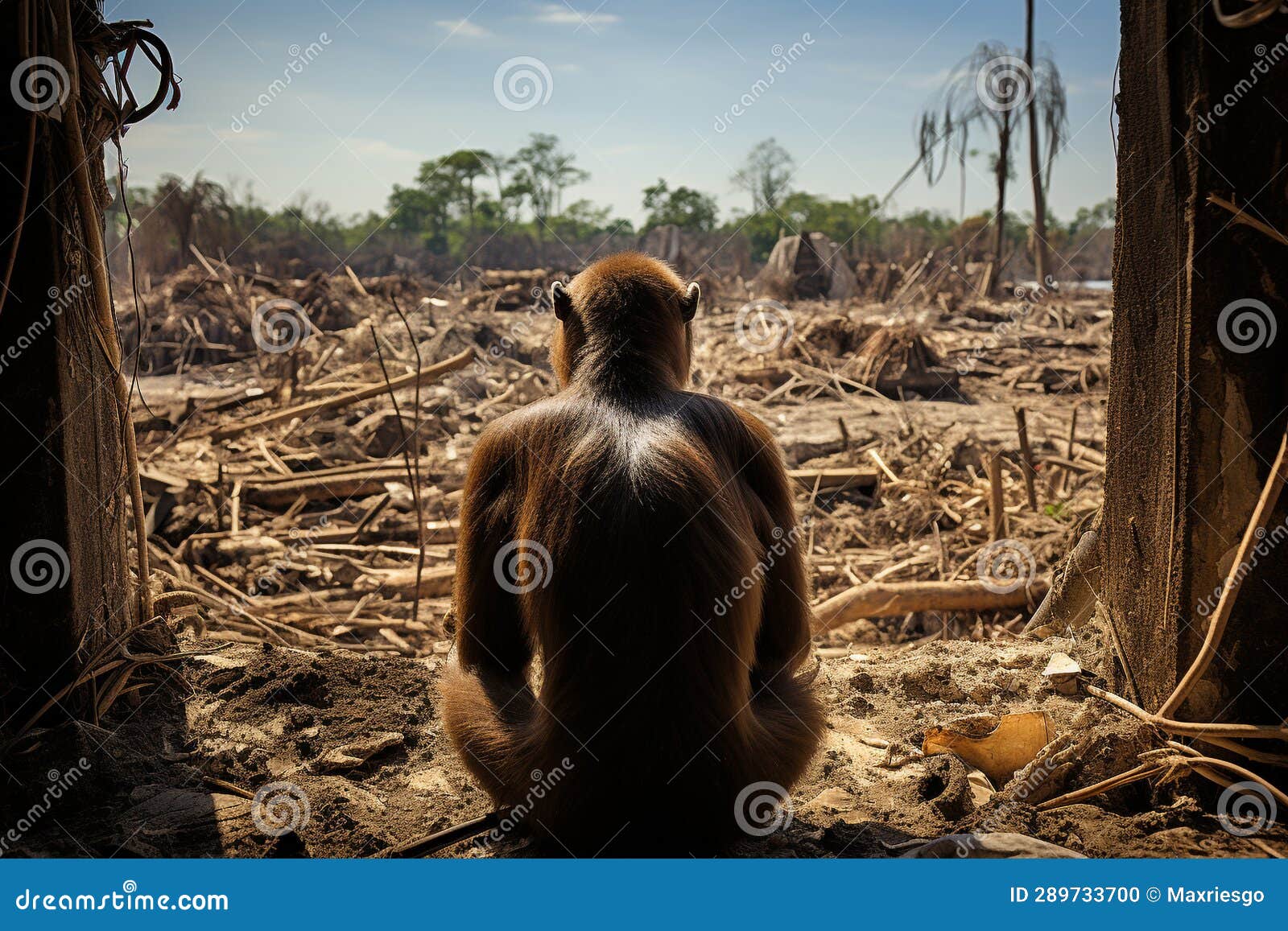 Rear View of an Ape Observing the Devastated Jungle Stock Illustration ...