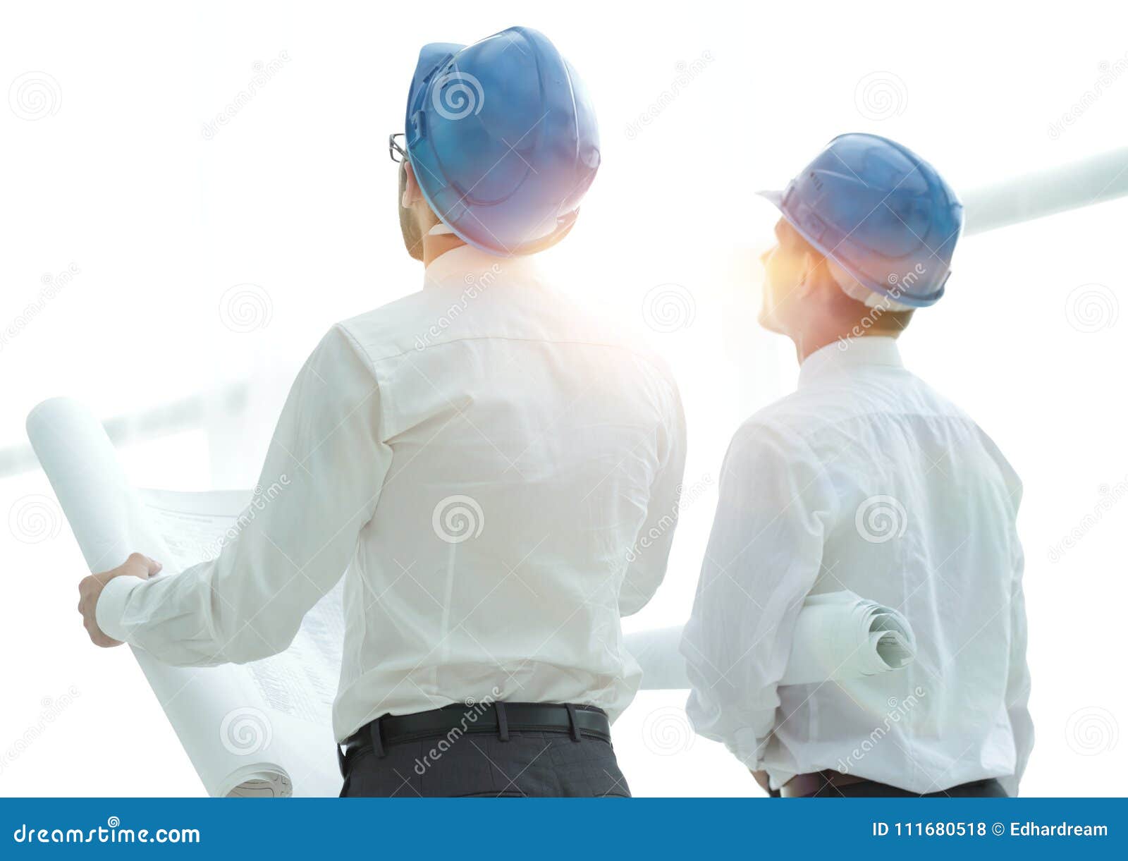 Rear View.architect and Builder Looking at Blank Screen Stock Photo ...