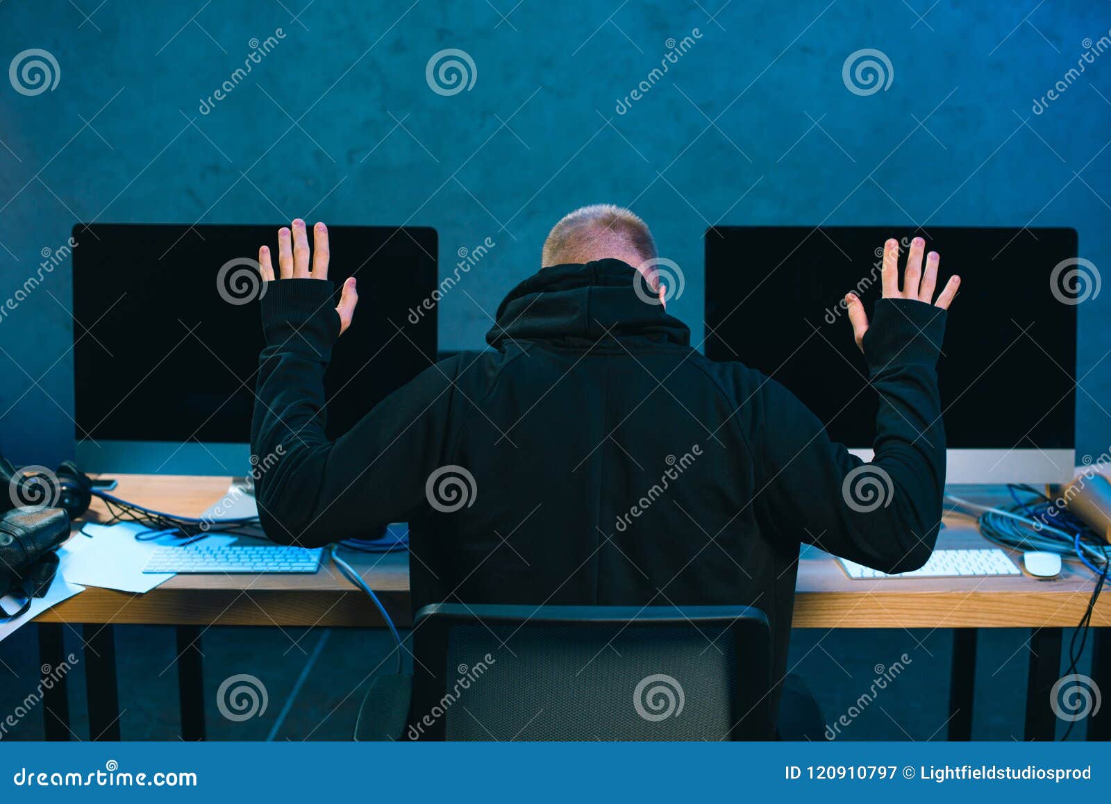 Rear View of Arrested Hacker with Raised Hands in Front Stock Image ...