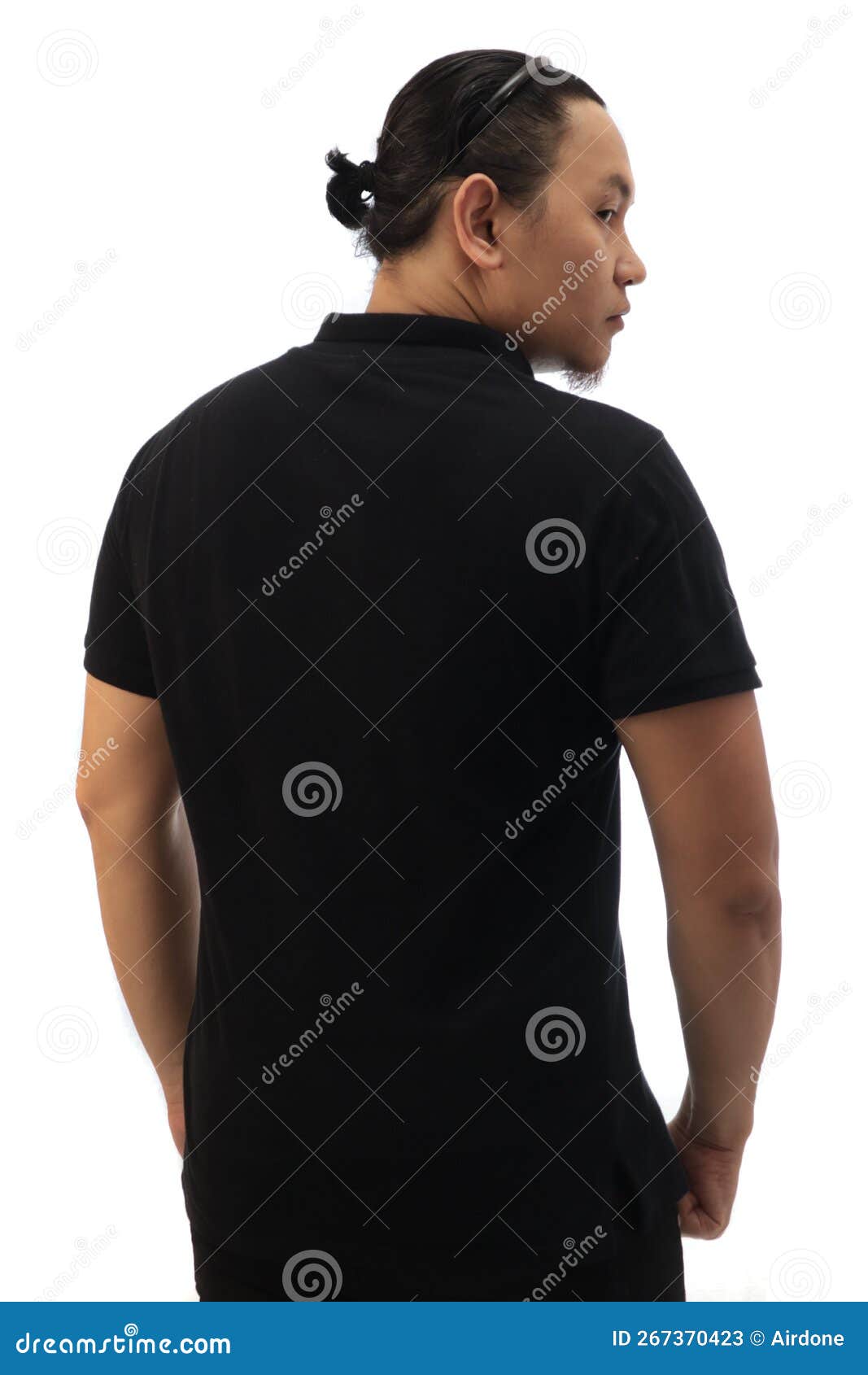 Rear View Of Asian Man With Bun Hair Wearing Black Shirt Isolated Cut