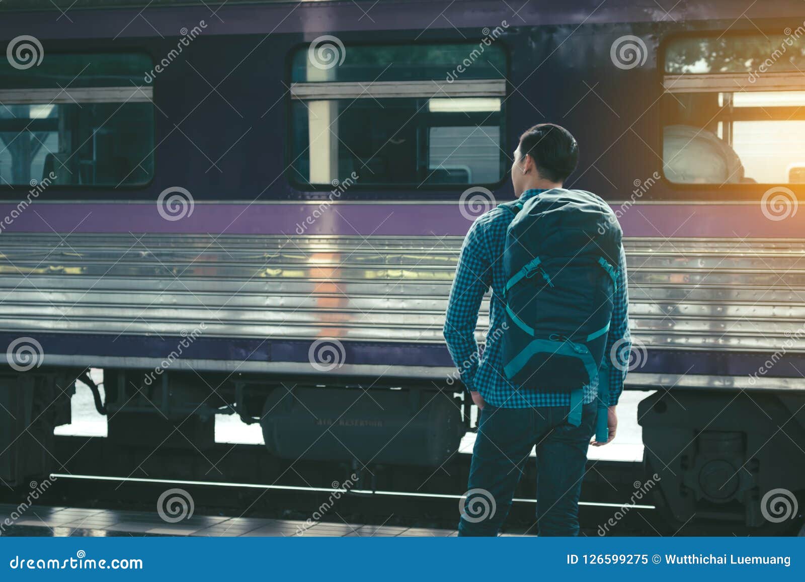Rear View of Asian Young Hipster Man Standing and Waiting Train Stock ...