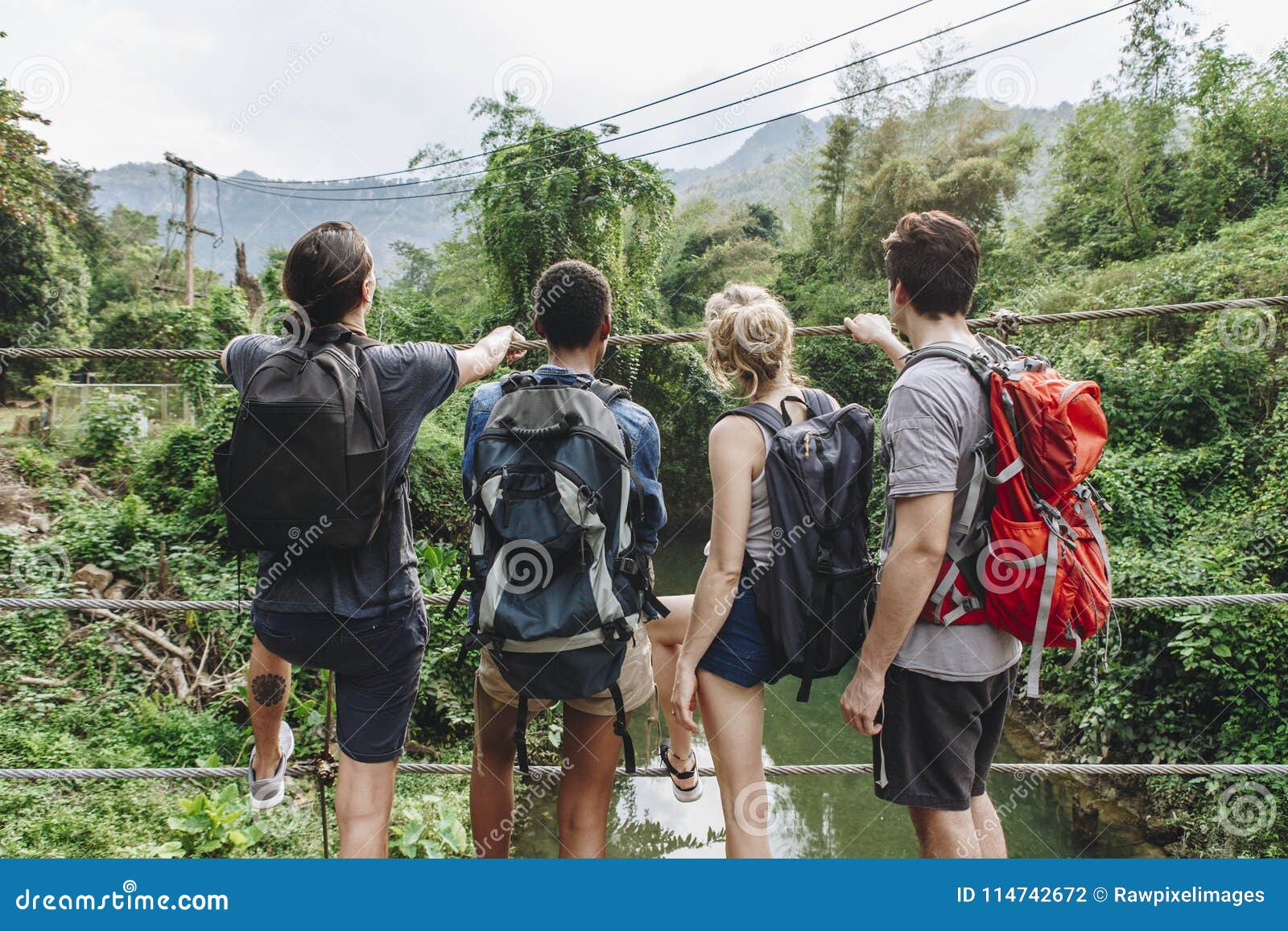 Rear View of Backpackers in the Wood Stock Photo - Image of hiking ...