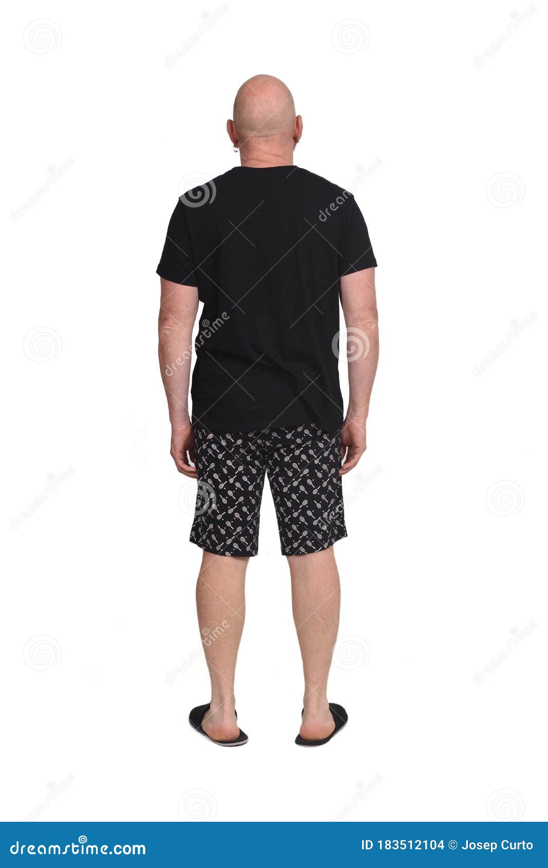 Rear View of Bald Man in Short Pajamas on White Background Stock Photo ...