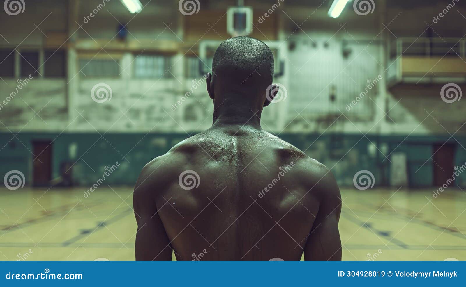 Rear View of Bald Young African Man Standing on Empty Basketball Court ... Rear View of Bald Young African Man Standing on Empty Basketball Court ...