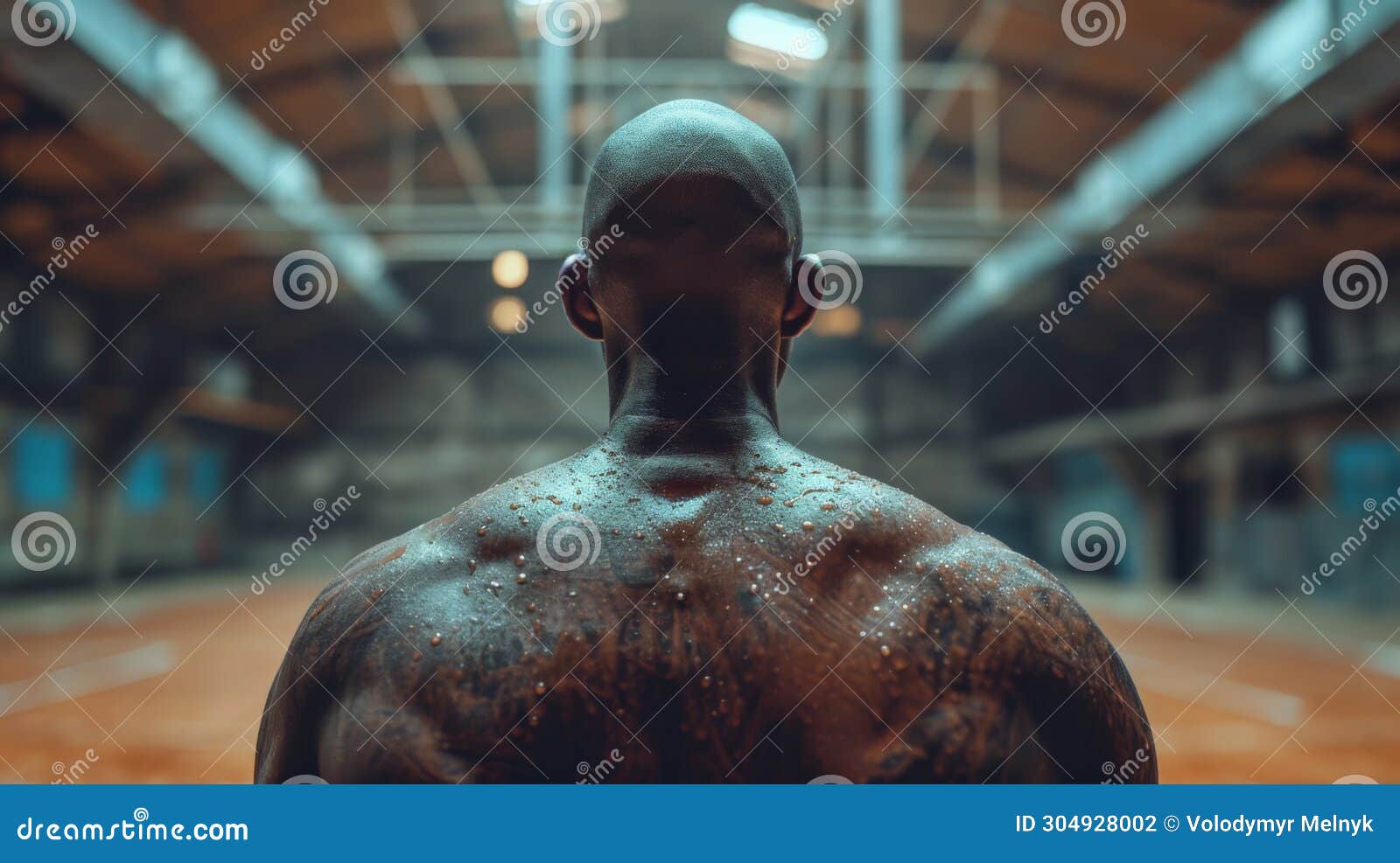 Rear View of Bald Young African Man Standing Shirtless on Empty ... Rear View of Bald Young African Man Standing Shirtless on Empty ...