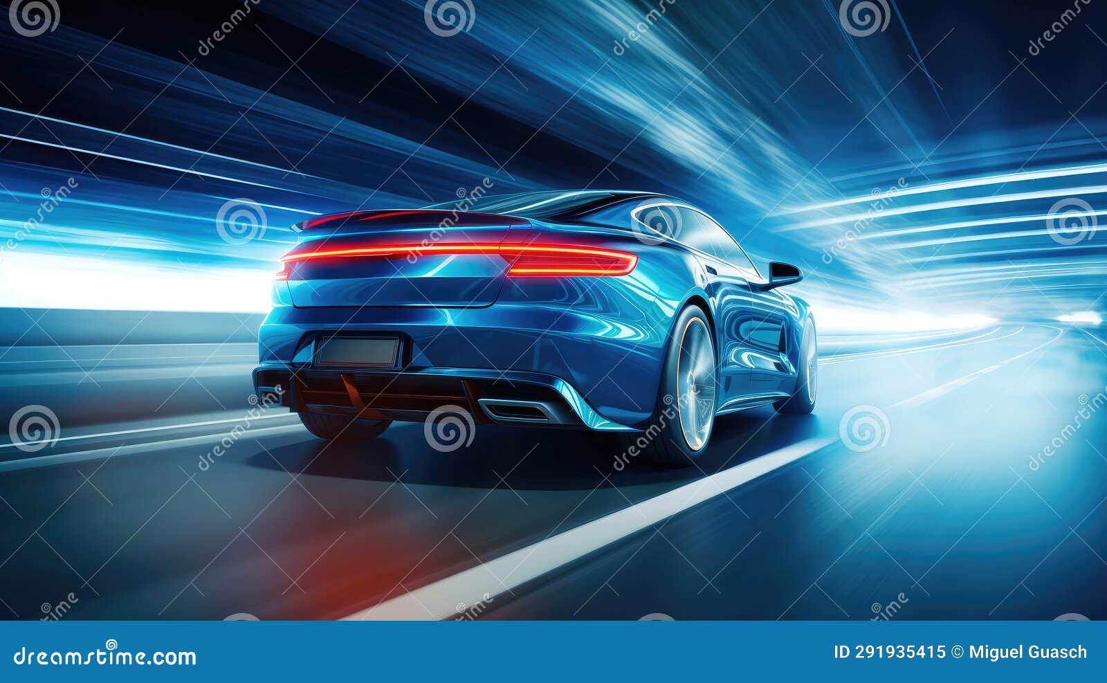 Rear View of Blue Car at High Speed on a Highway Stock Illustration ...