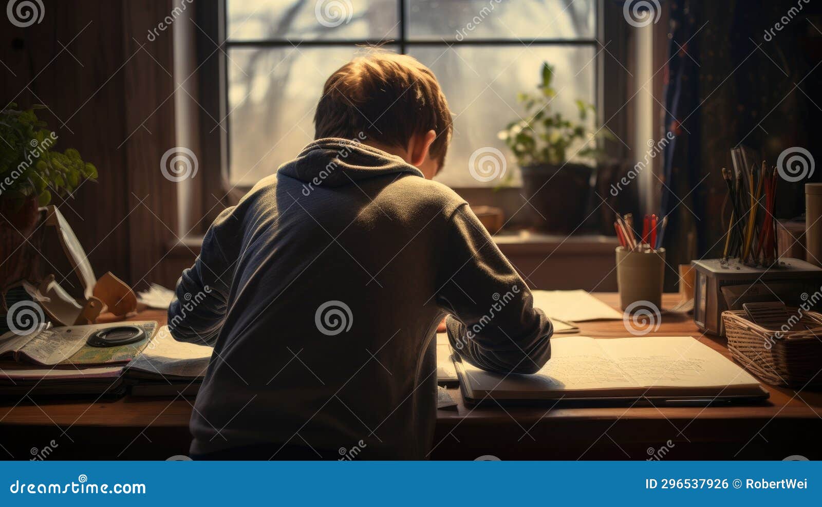 Rear View of a Boy Sitting at Desk and Studying Stock Illustration ...