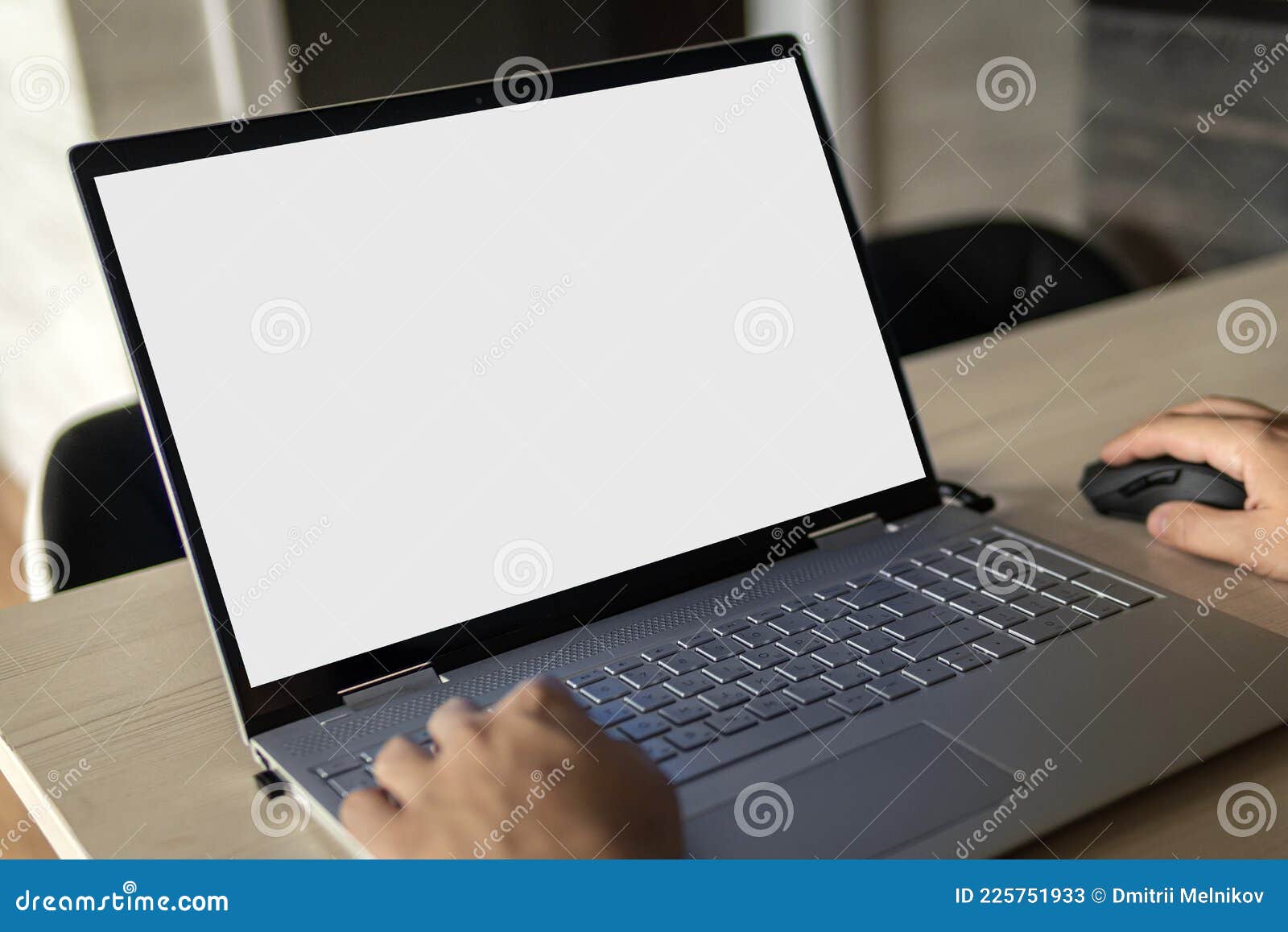 Rear View of Man Hands Busy Using Laptop at Office Desk, with Copyspace ...