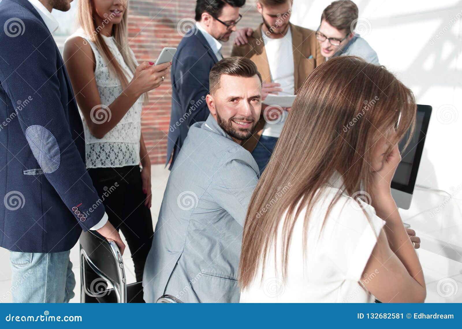 Rear View. Business Team Sitting at the Desk Stock Image - Image of ...