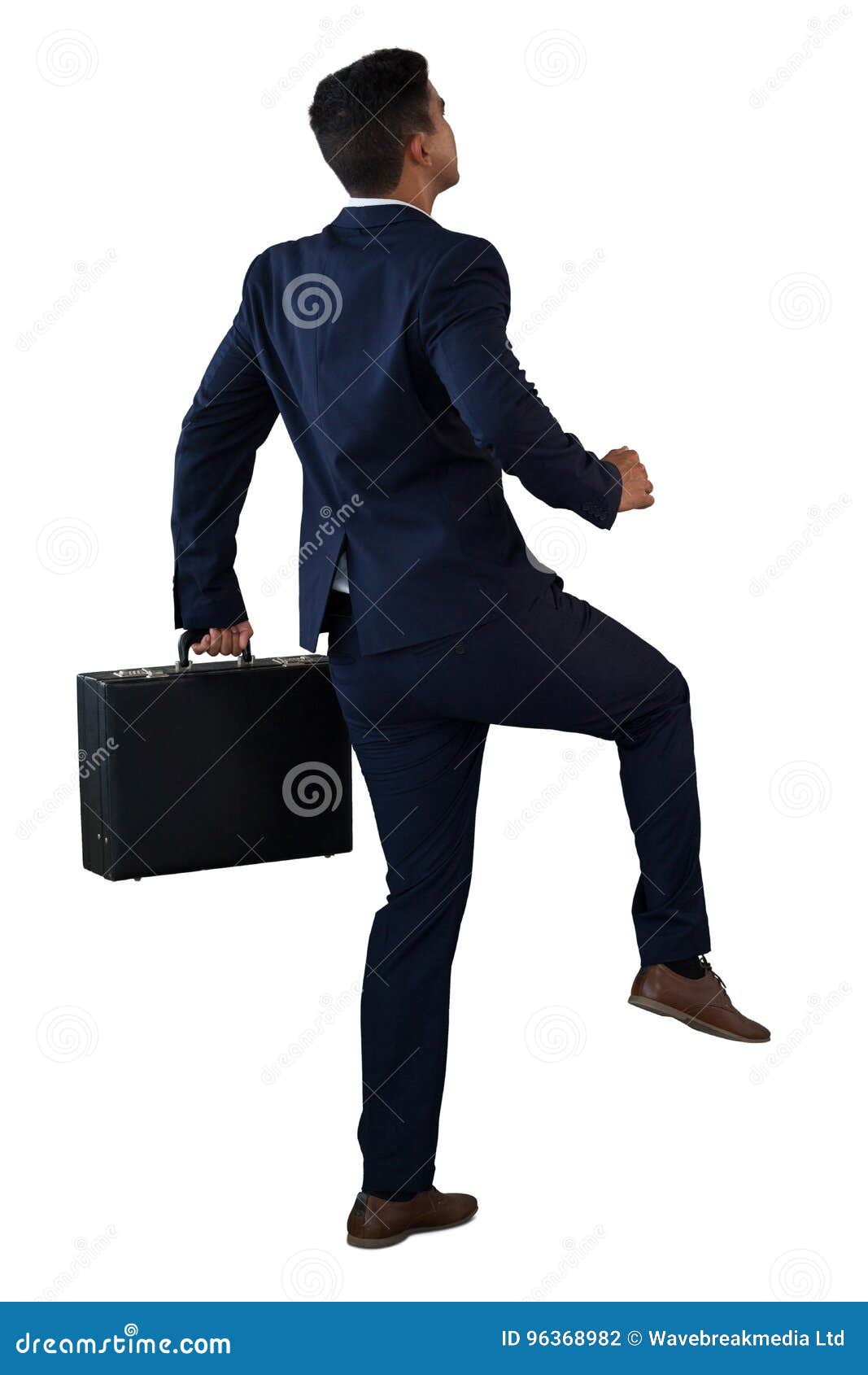 Rear View of Businessman with Briefcase Climbing Invisible Steps Stock ...
