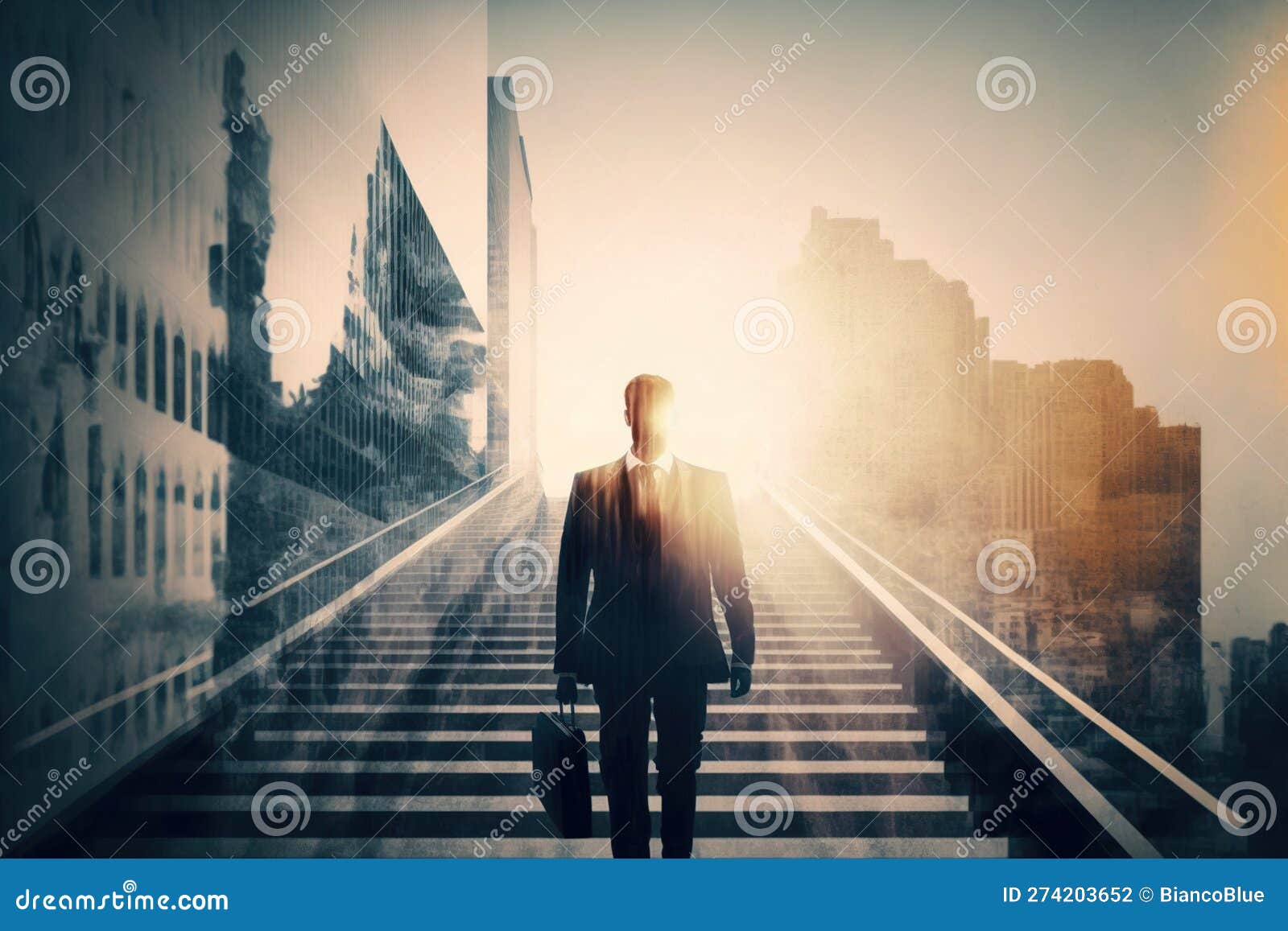Rear View Businessman Climbing Stair Concept With Double Exposure