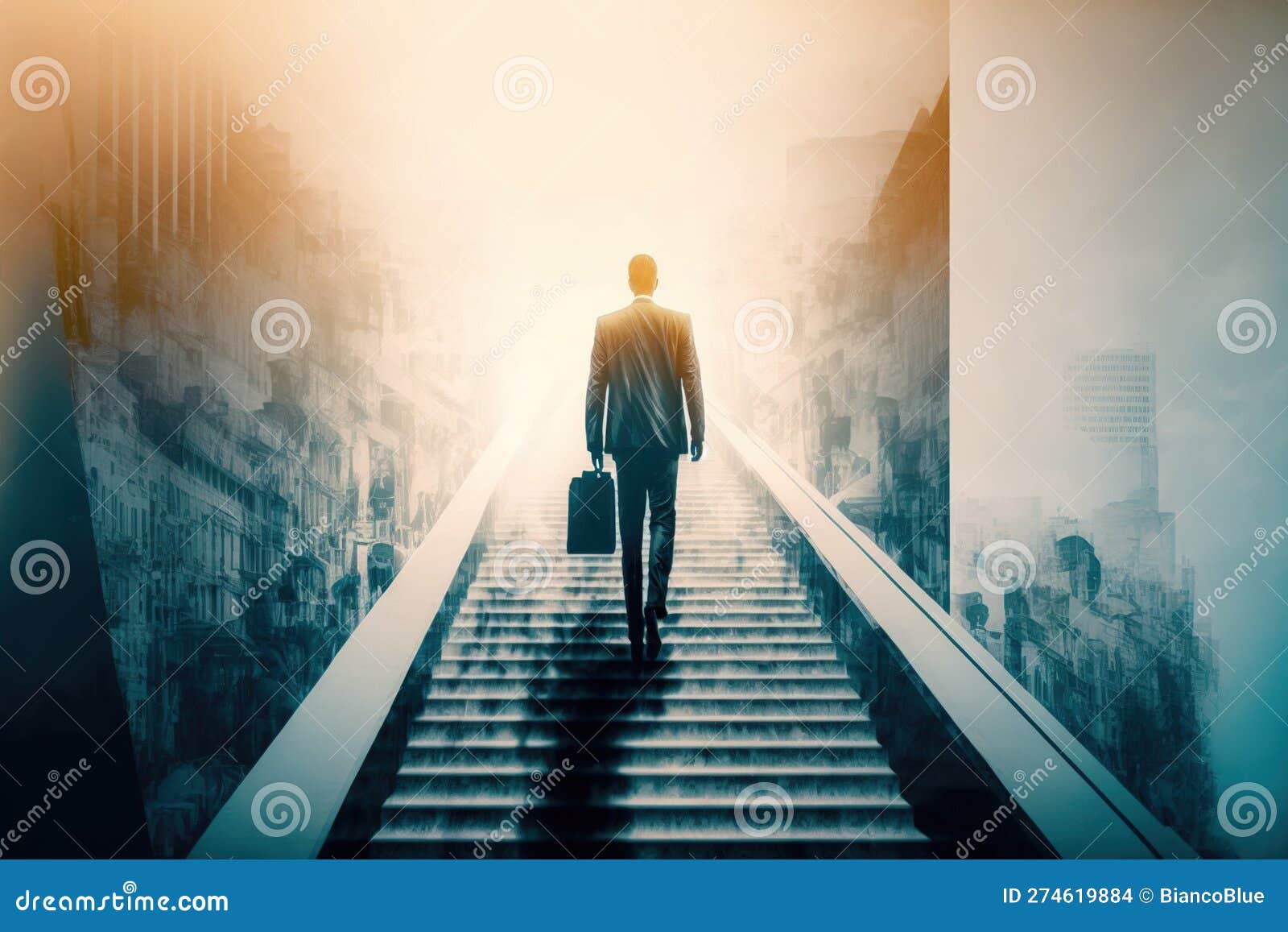 Rear View Businessman Climbing Stair Concept With Double Exposure