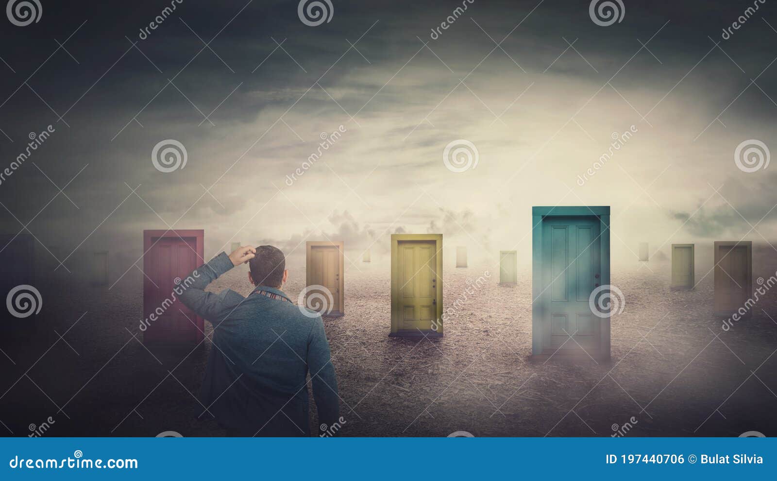 Rear View Businessman in Front of Many Different Doors Choosing One ...