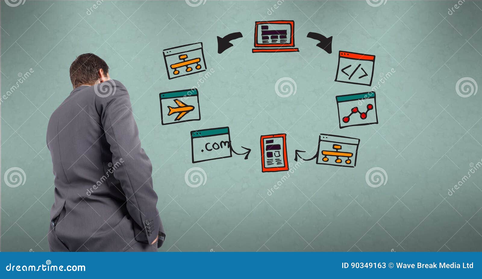 Rear View of Businessman Looking at Diagram on Wall Stock Illustration ...