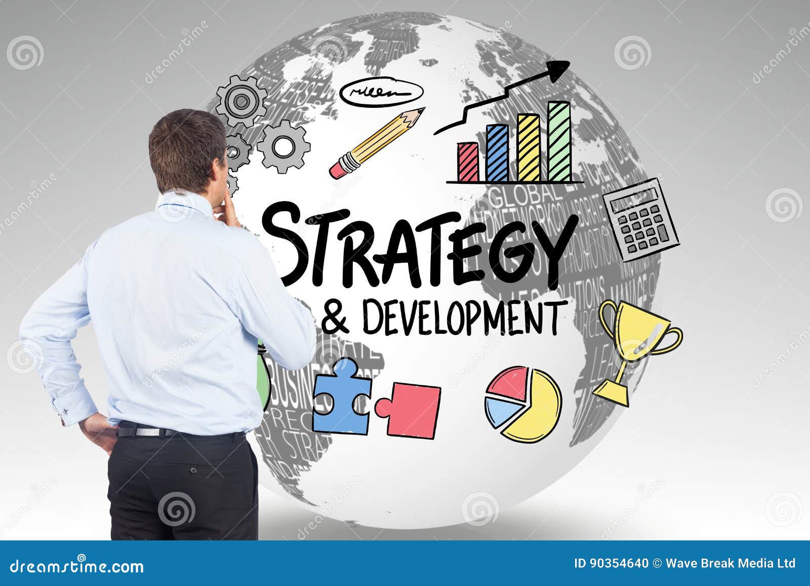 Rear View of Businessman Looking at Strategy and Development Icons on ...
