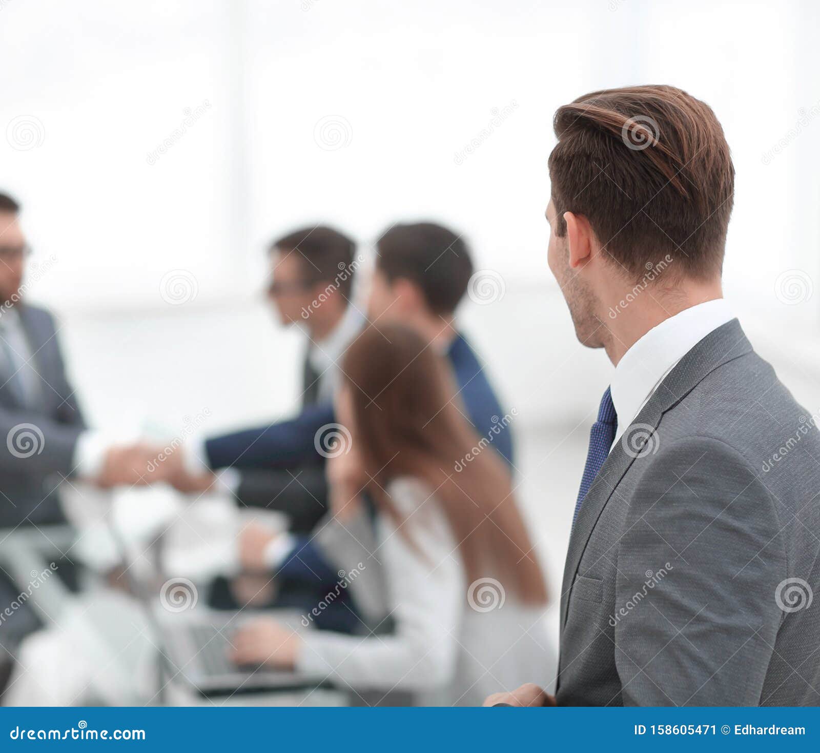 Rear View. Businessman Looking at Workplace Stock Image - Image of ...