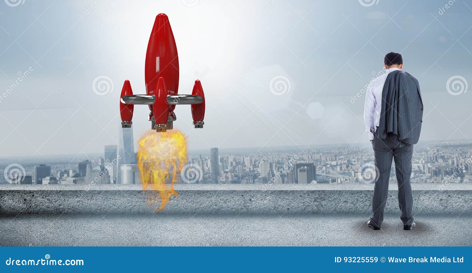 Rear View of Businessman Standing by Rocket Launch in City Against Sky ...