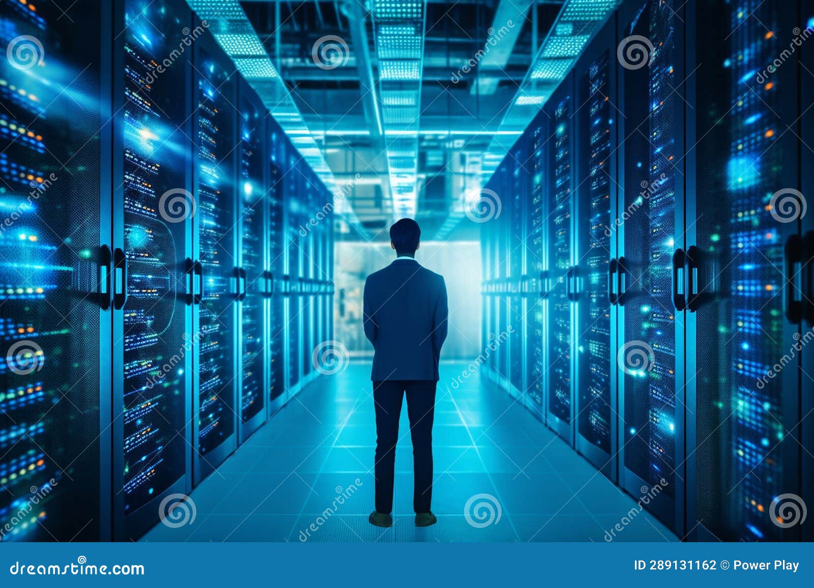 Rear View of Businessman Standing in Server Room and Looking at Data ...
