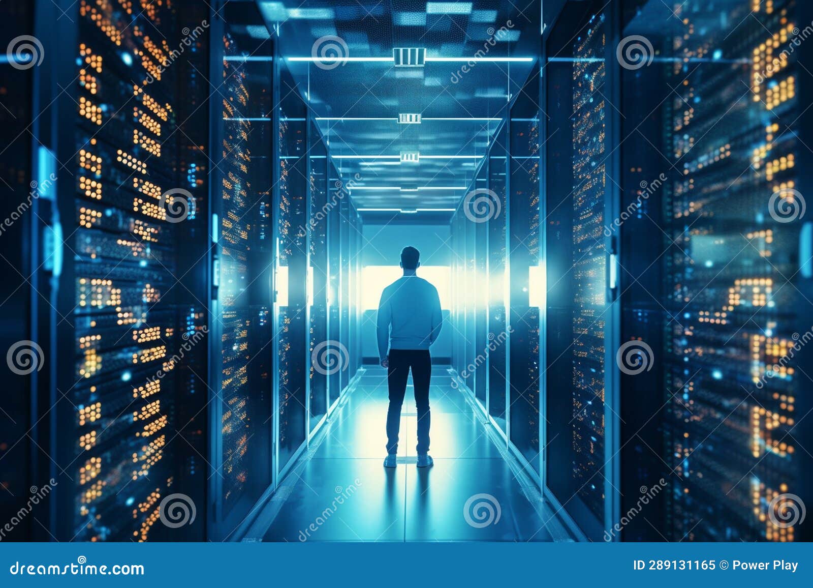 Rear View of Businessman Standing in Server Room and Looking at Data ...