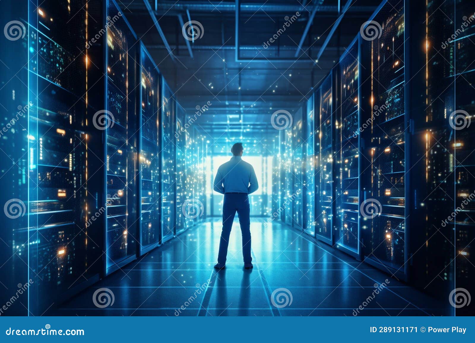 Rear View of Businessman Standing in Server Room and Looking at Data ...