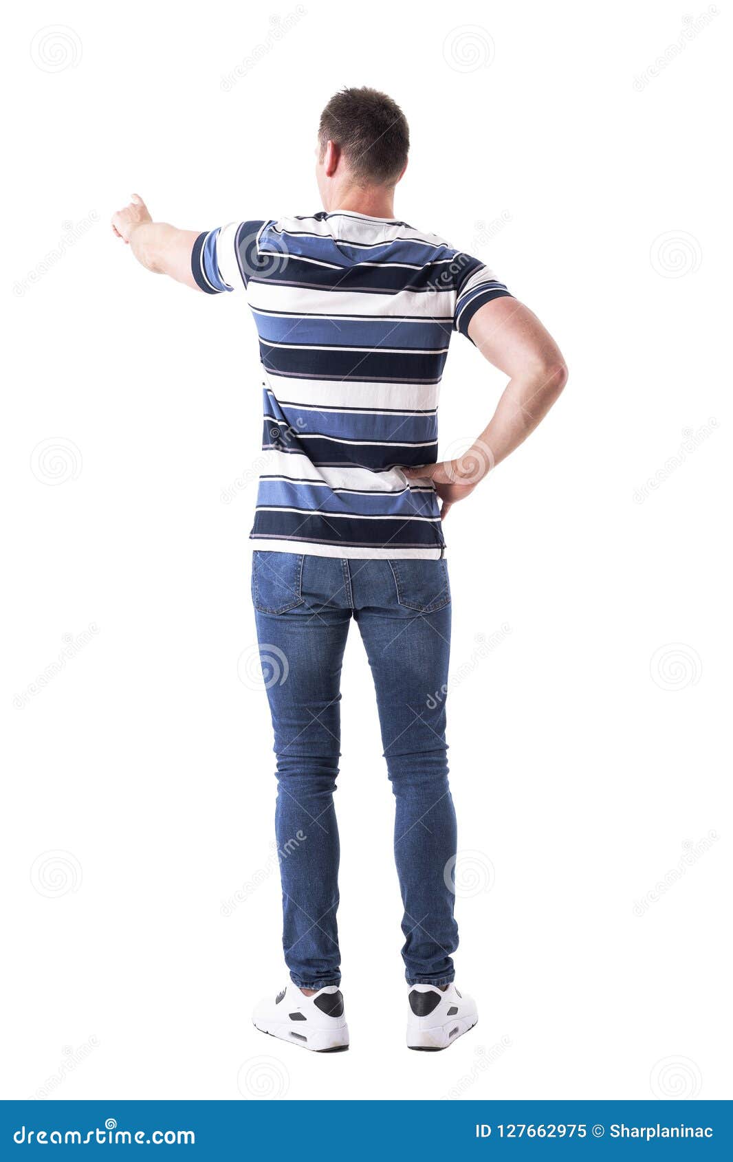 Rear View of Casual Man Pointing Finger and Showing Direction Stock ... Rear View of Casual Man Pointing Finger and Showing Direction Stock ...