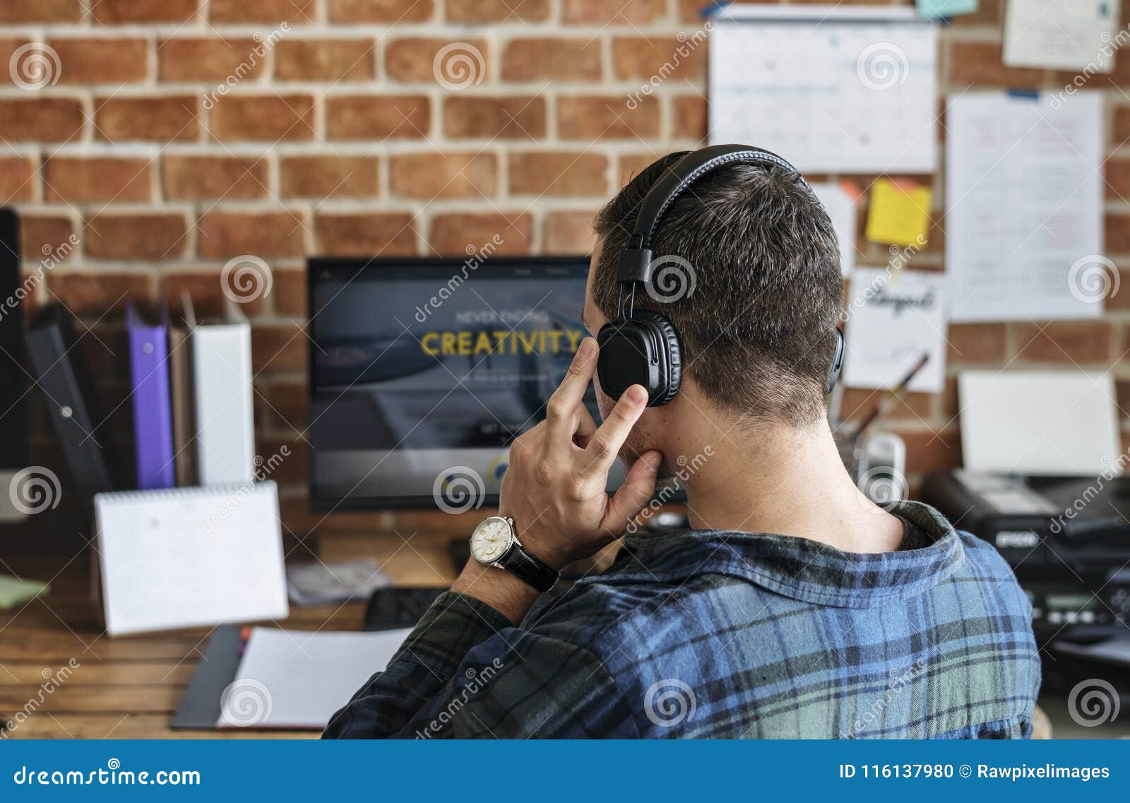 Rear View of Caucasian Man Using Computer Stock Photo - Image of admin ...