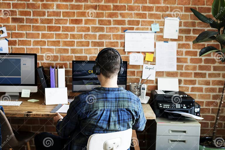 Rear View of Caucasian Man Using Computer Stock Image - Image of ...