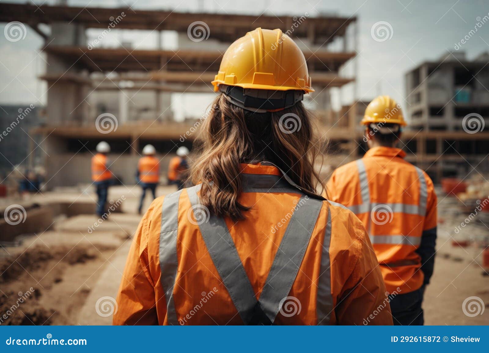 Rear View of Civil Engineer Looking at Construction Site with Building ...