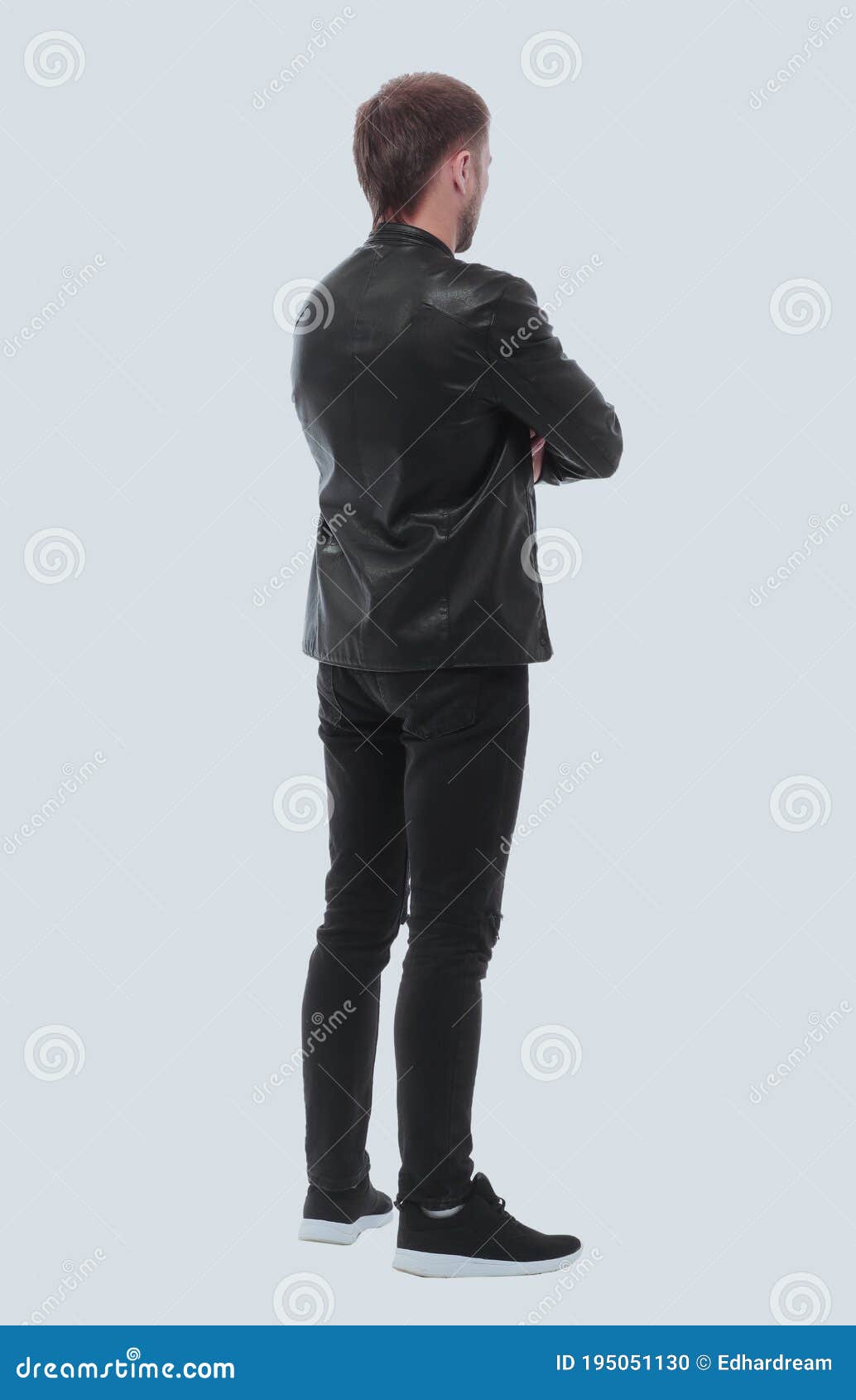 Rear View. Confident Young Man Looking at White Blank Screen Stock ...